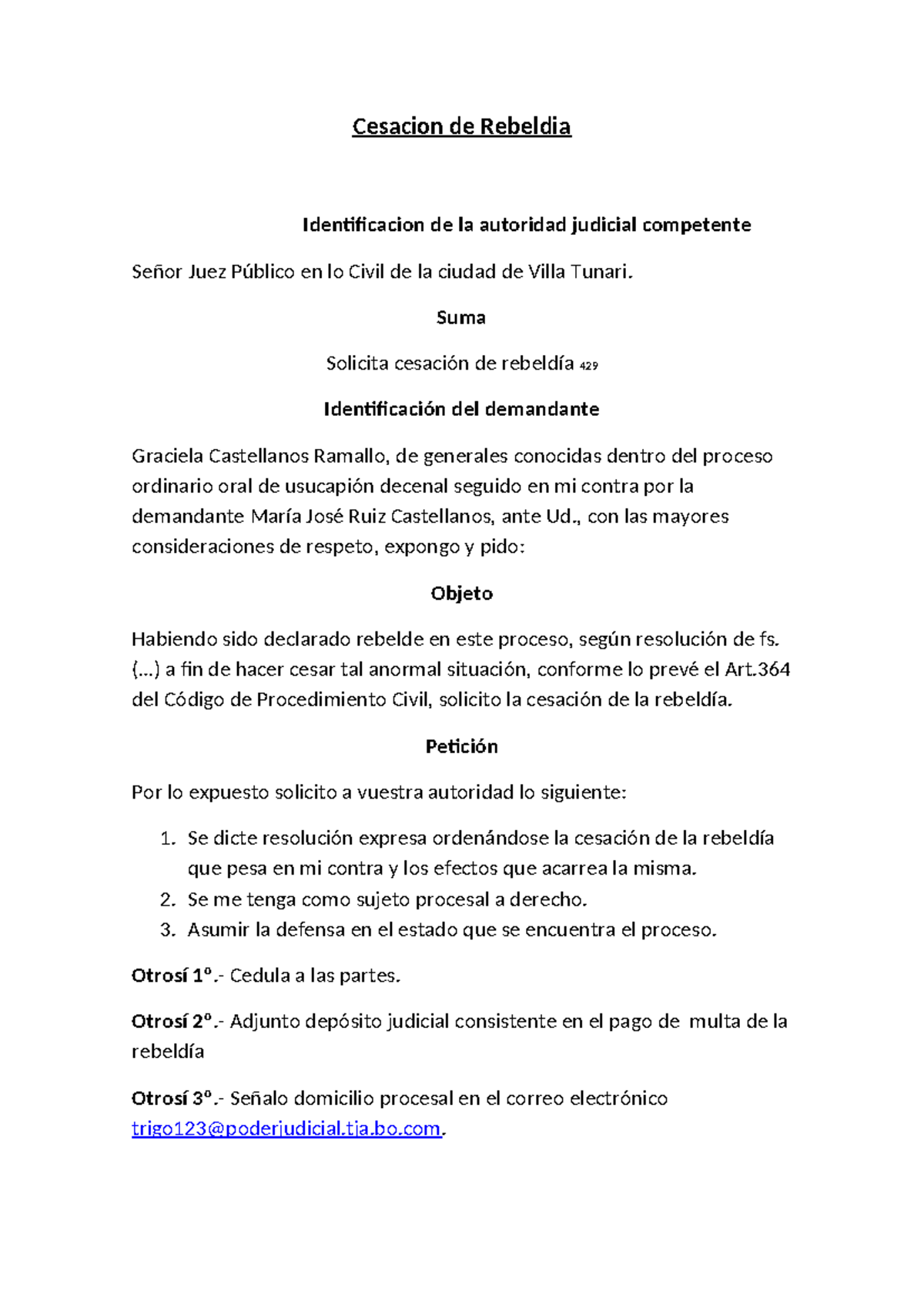 Cesación de Rebeldía - Contestación de la Demanda en Proceso Civil ...