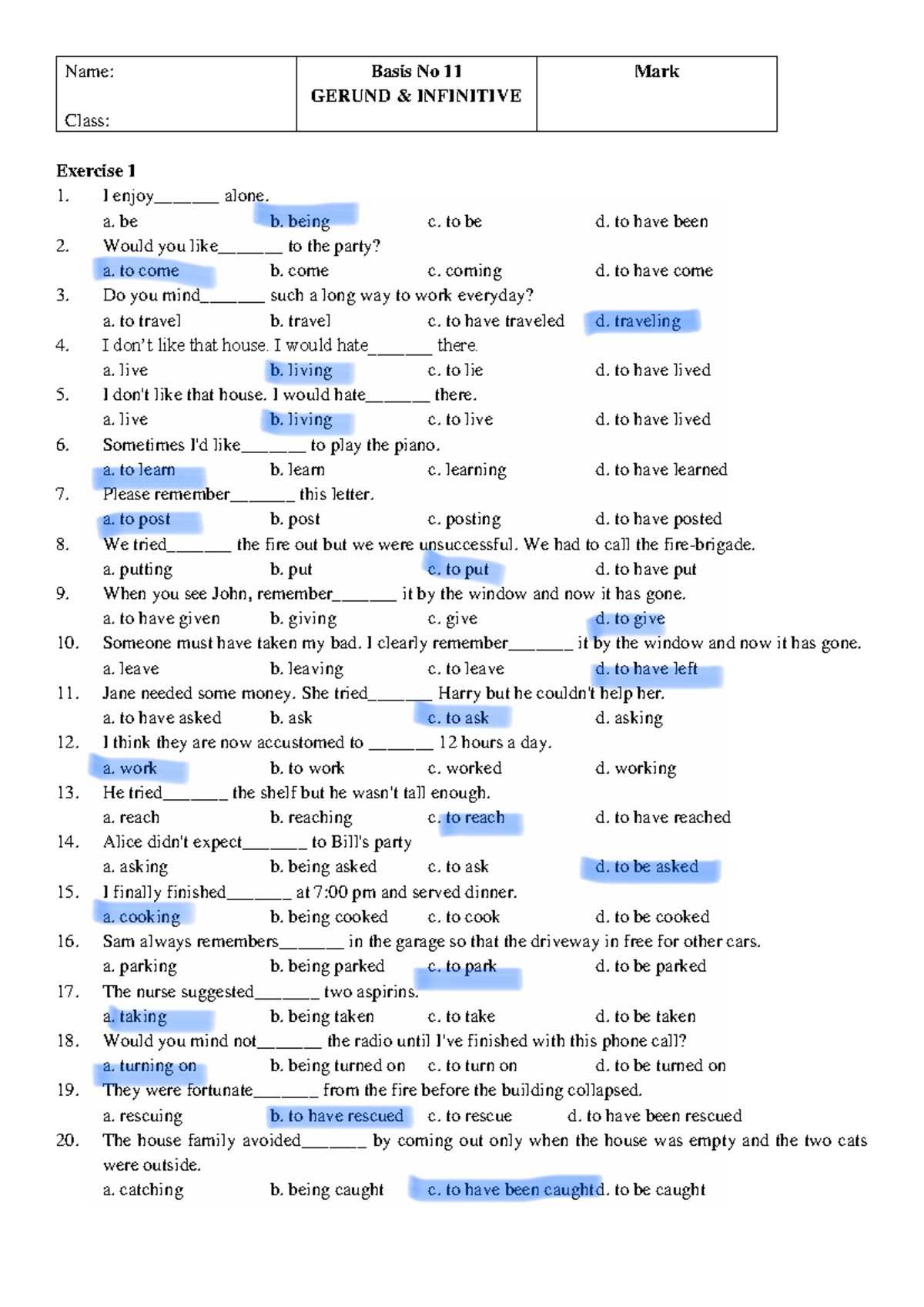 GER 11: Gerund and Infinitive Exercises for Class Practice - Studocu