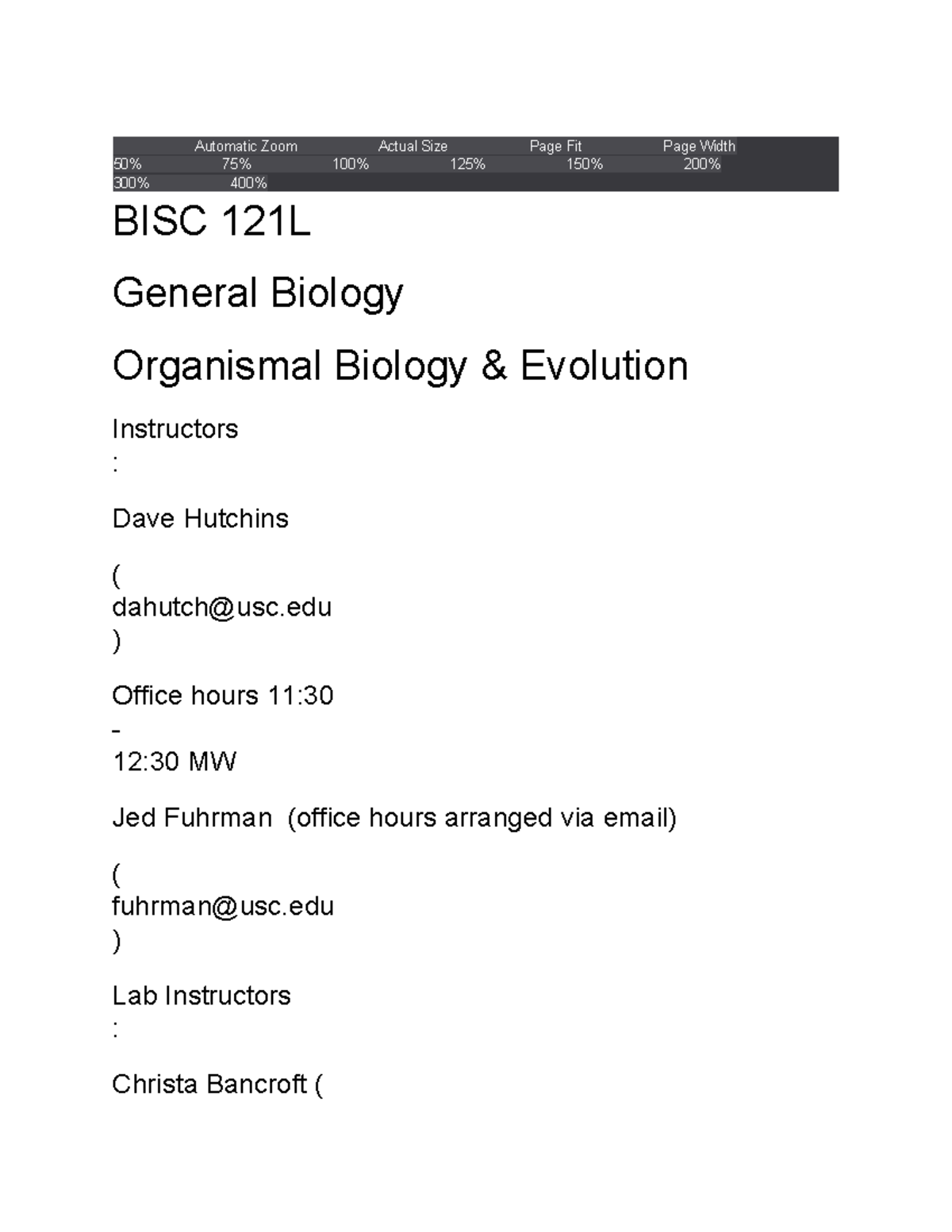 BISC 121L General Biology: Organismal Biology & Evolution Overview ...