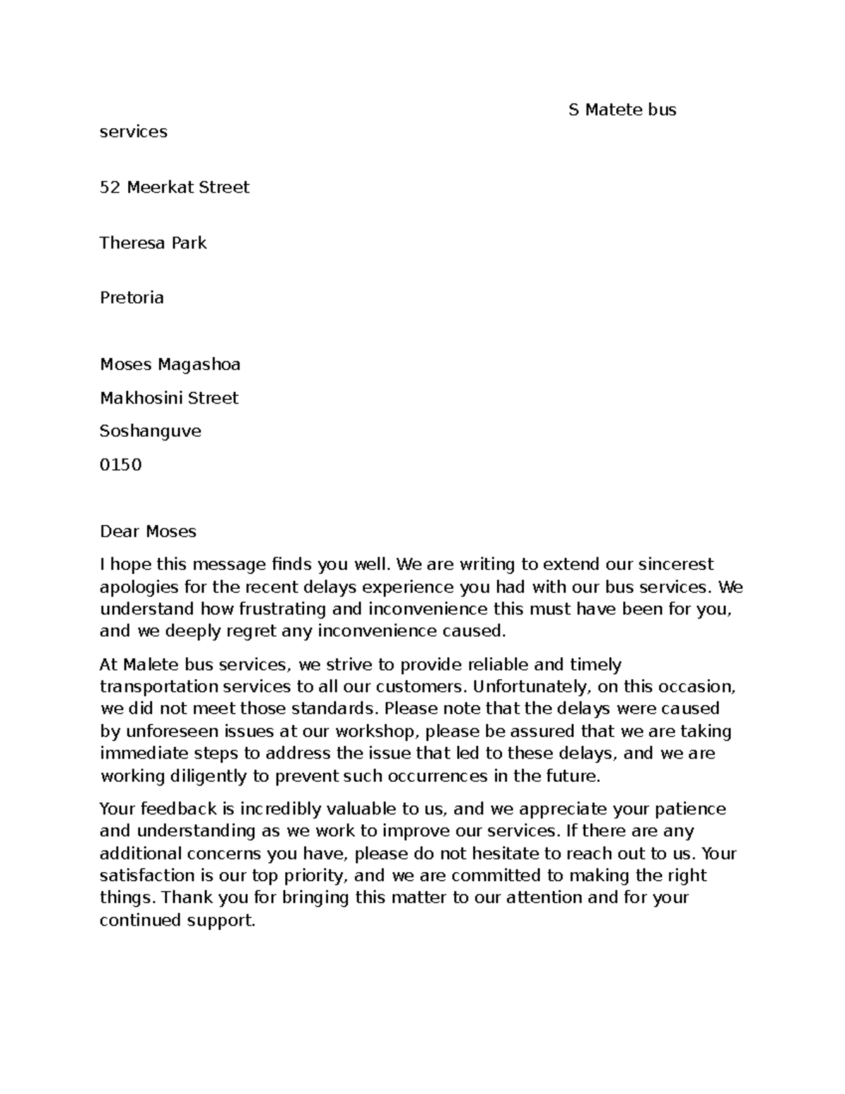Apology Letter from S Matete Bus Services Regarding Delays - Studocu