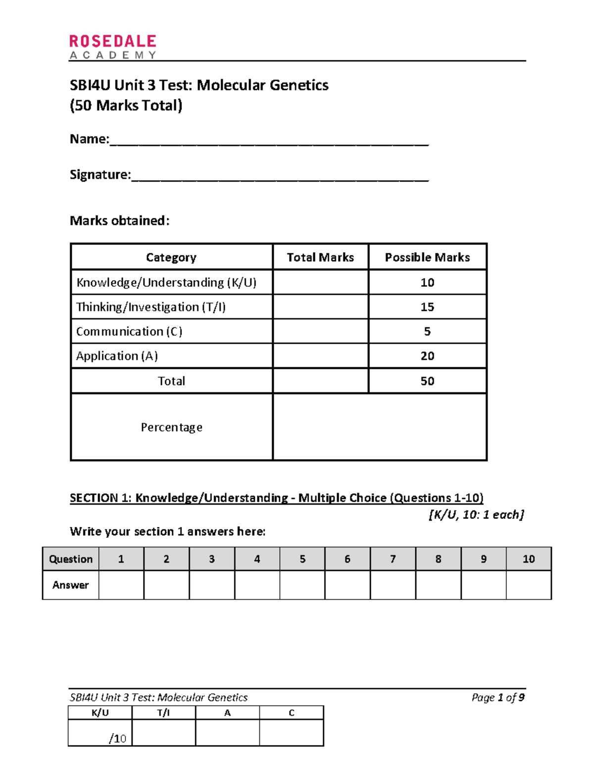 SBI4U Unit 3 Test: Molecular Genetics - Student Version (50 Marks ...