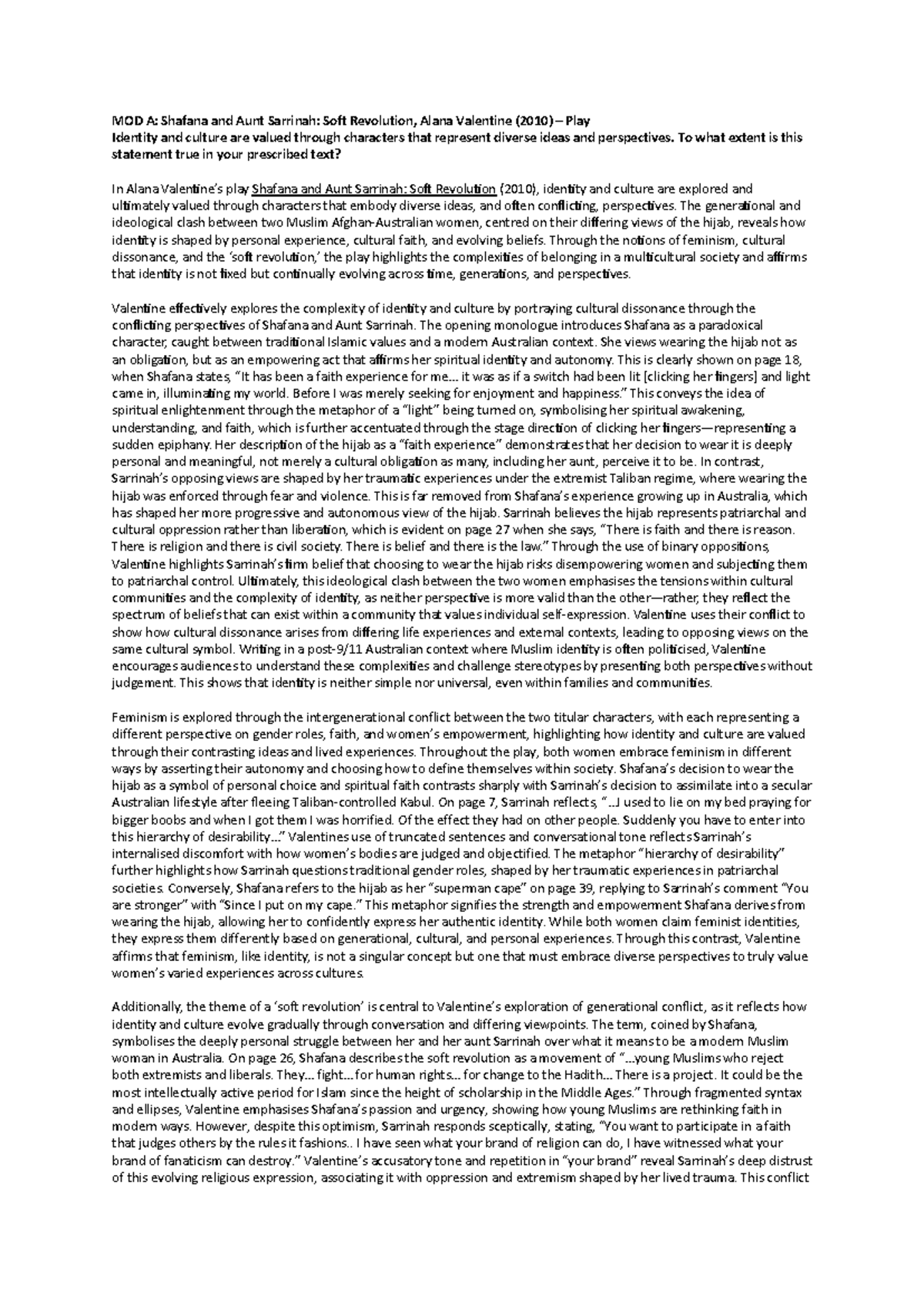 Shafana and Aunt Sarrinah: Identity and Culture in MOD A Essay - Studocu