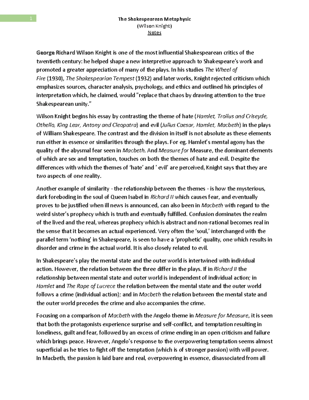 The Shakespearean Metaphysic - (Wilson Knight) Notes George Richard ...