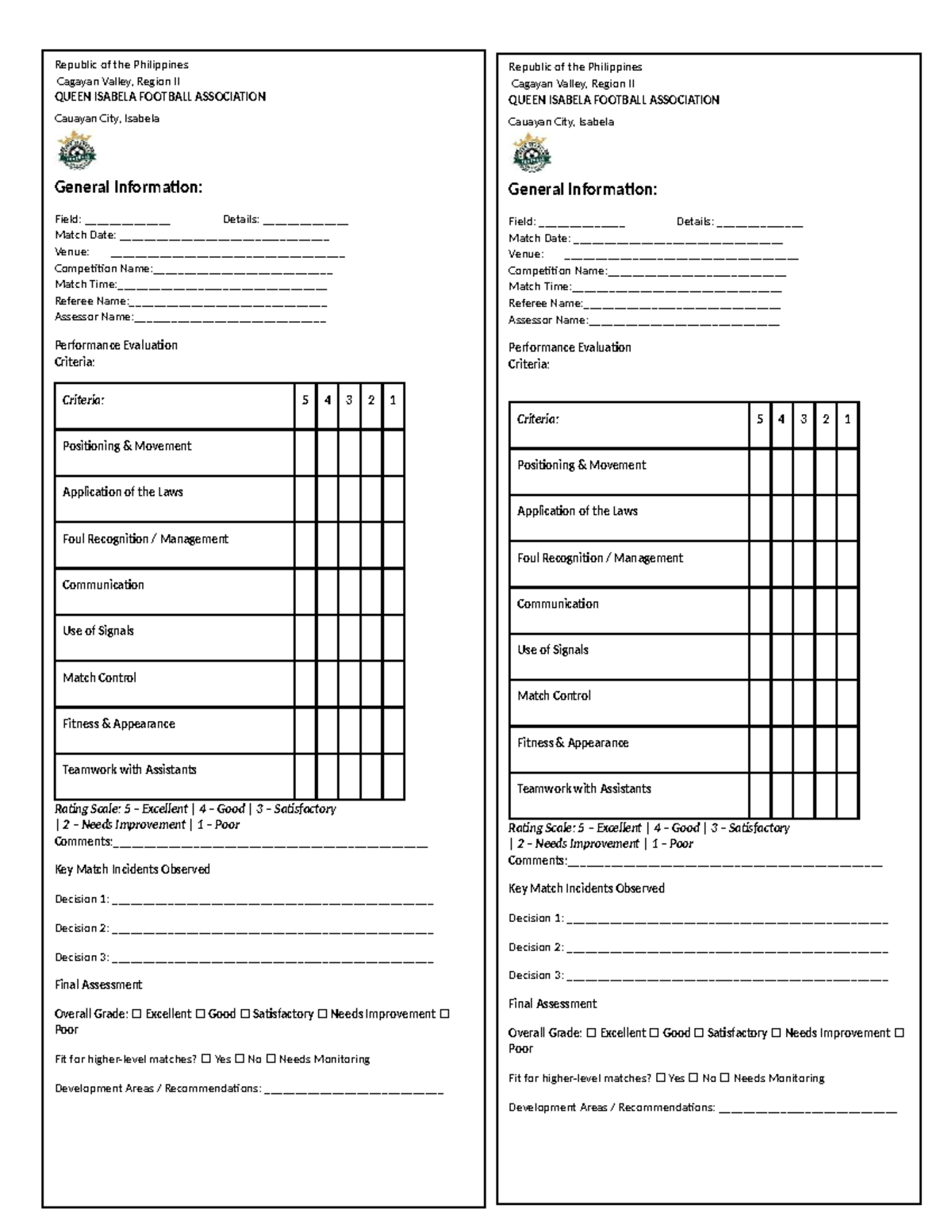 Evaluation Form for Football Referee - QUEEN ISABELA Region II - Studocu