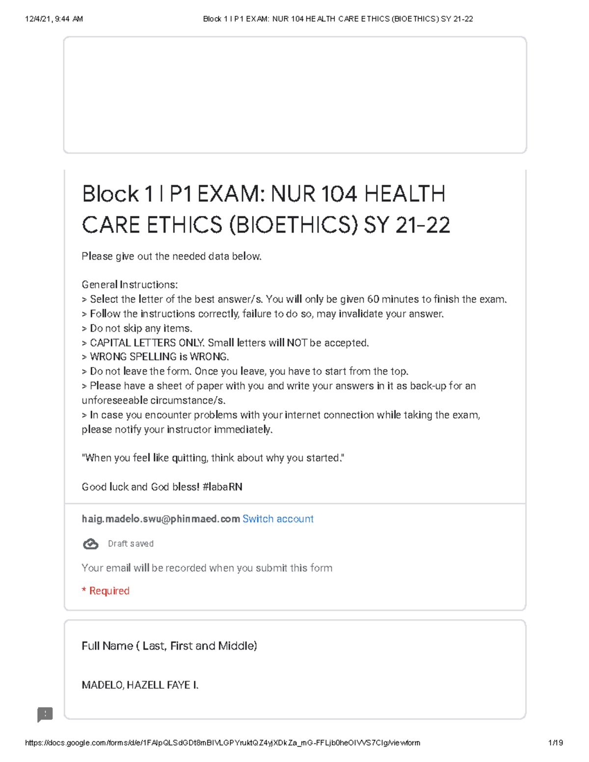 P2 EXAM: NUR 104 Health Care Ethics (Bioethics) SY 21-22 - Studocu