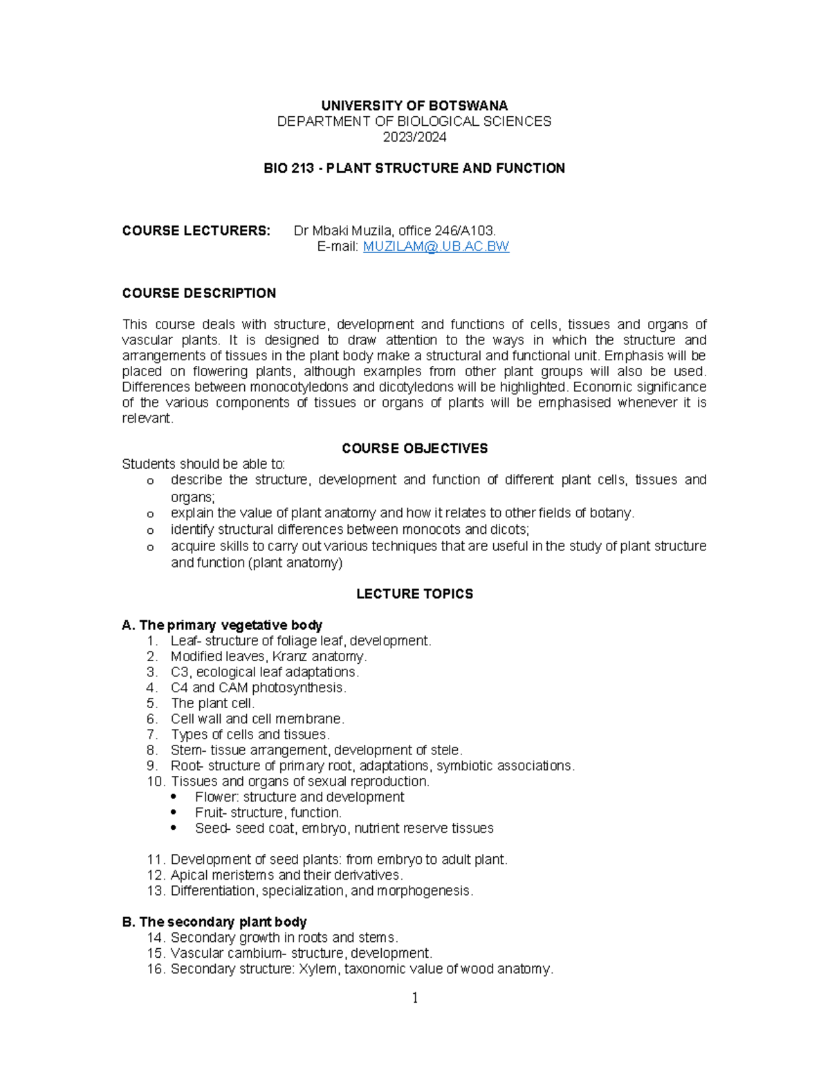 BIO213 Course Outline: Plant Structure and Function (2024) - Studocu