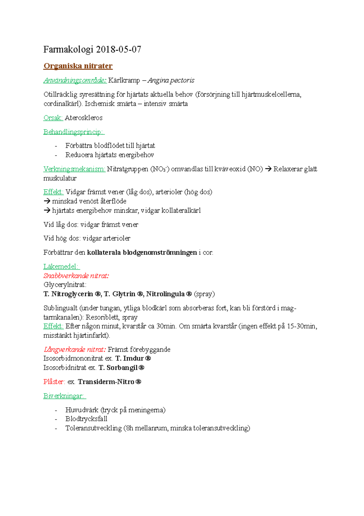Farmakologi: Organiska Nitrater och Läkemedel 2018-05-07 - Studocu