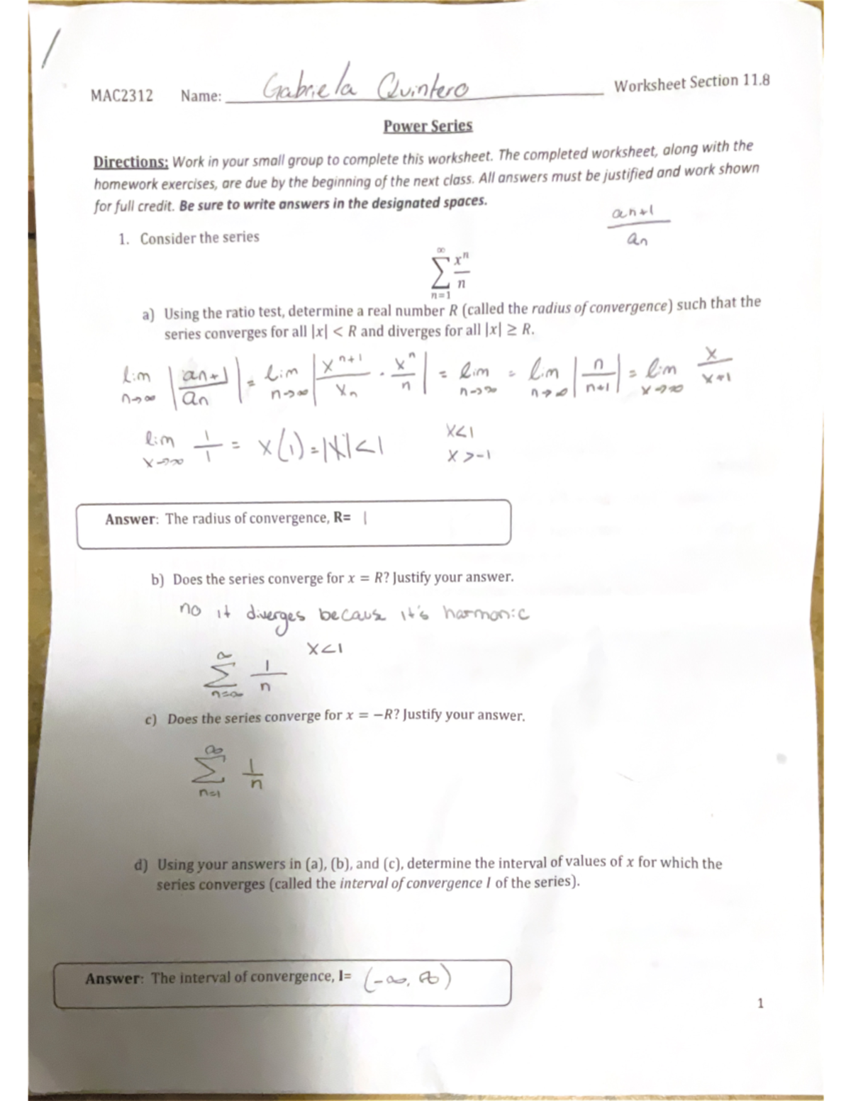 MAC2312 Worksheet 11: Power Series and Convergence Analysis - Studocu