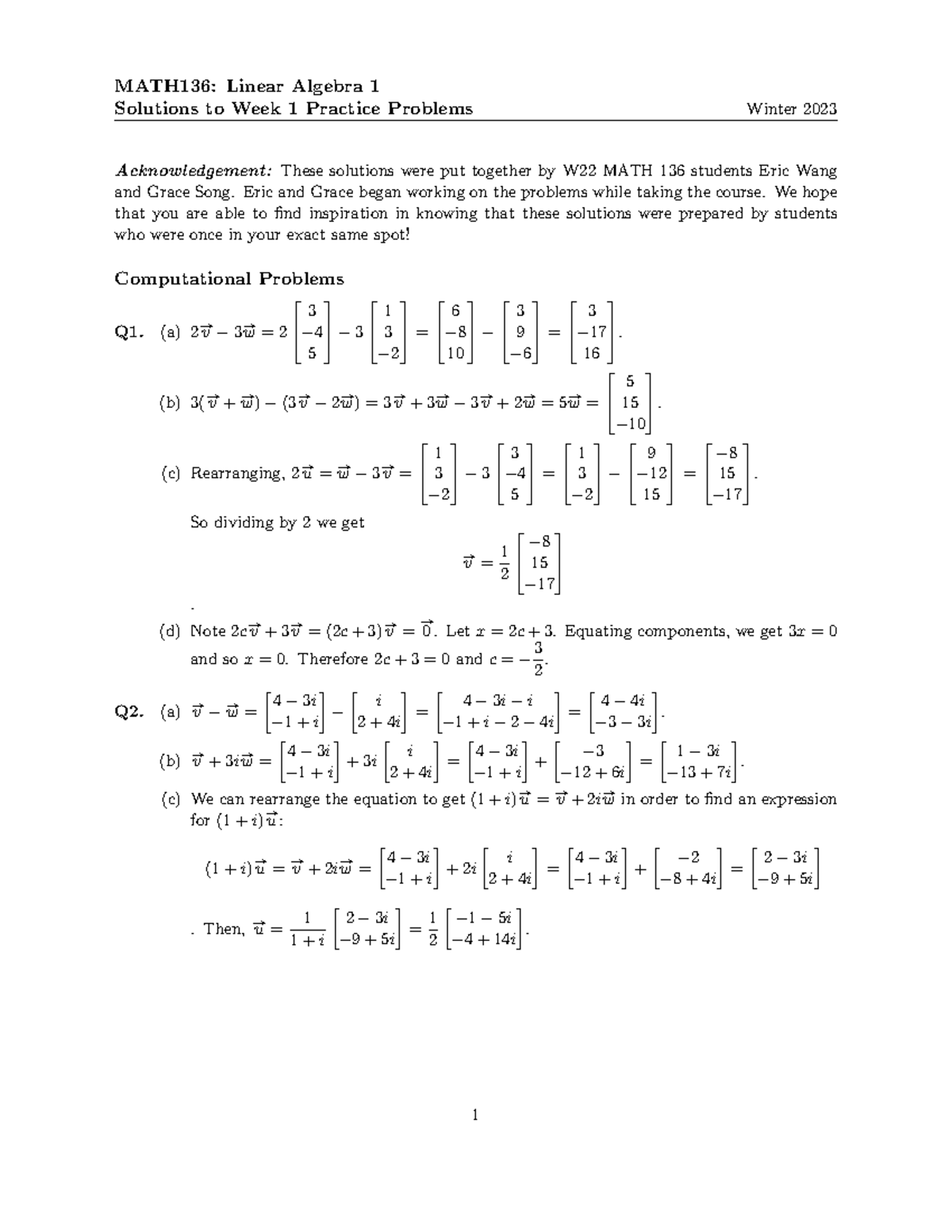 Math 136 Week 1 Practice Problem Solutions - Winter 2023 - Studocu