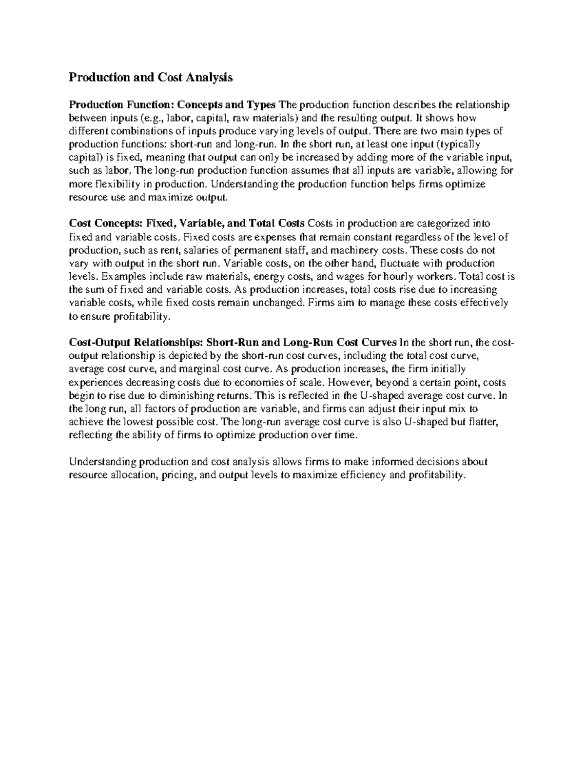 Production and Cost Analysis: Short-Run vs Long-Run Concepts - Studocu