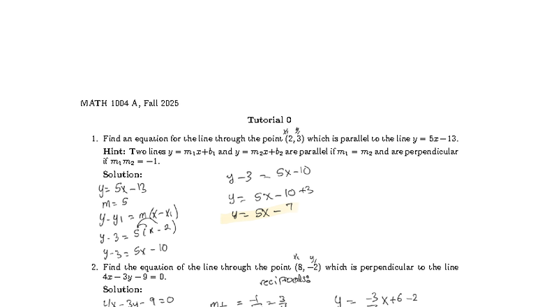 MATH 1004 A, Fall 2025 Tutorial 01: Line Equations and Domains - Studocu