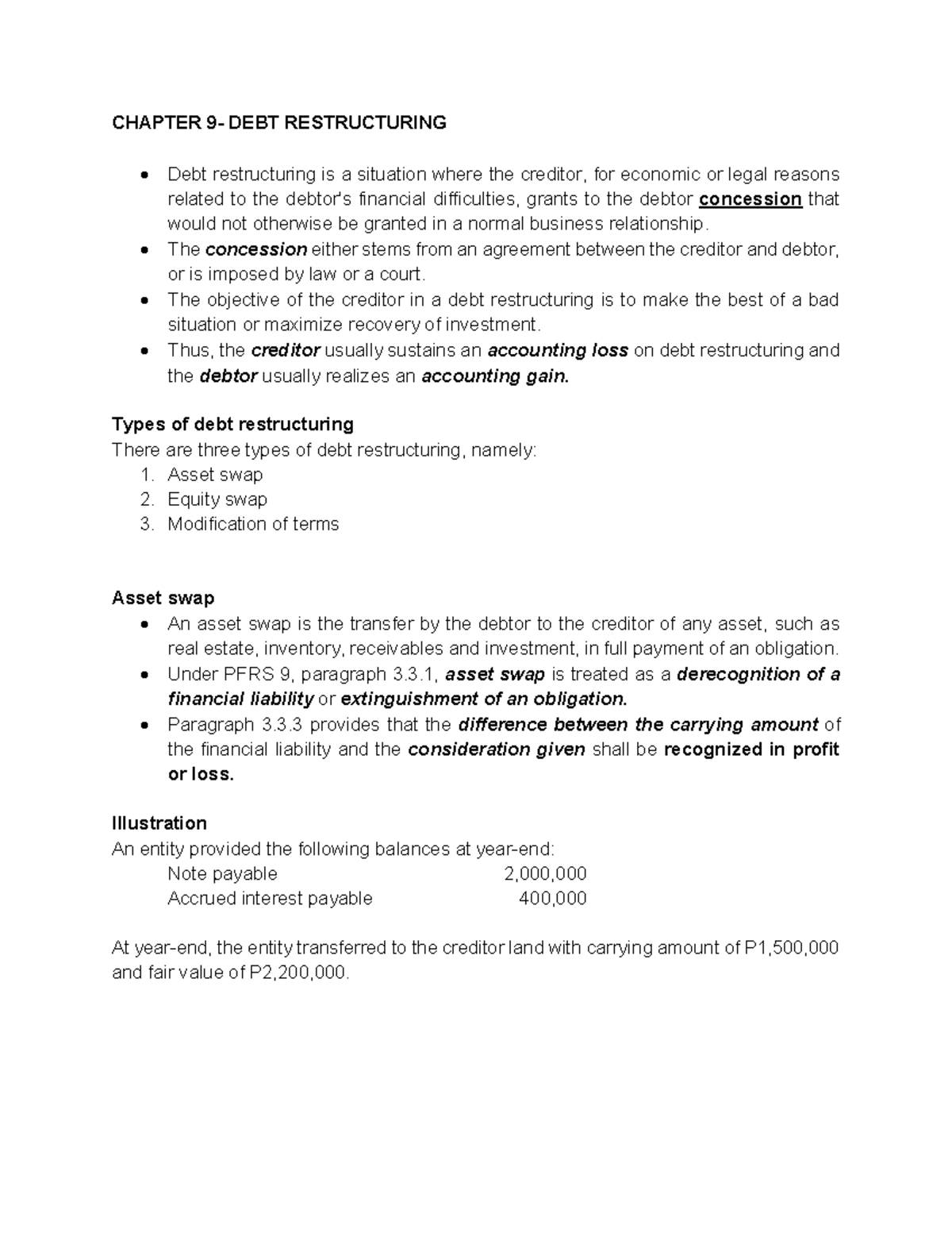 Chapter 9: Debt Restructuring Concepts and Accounting Practices - Studocu