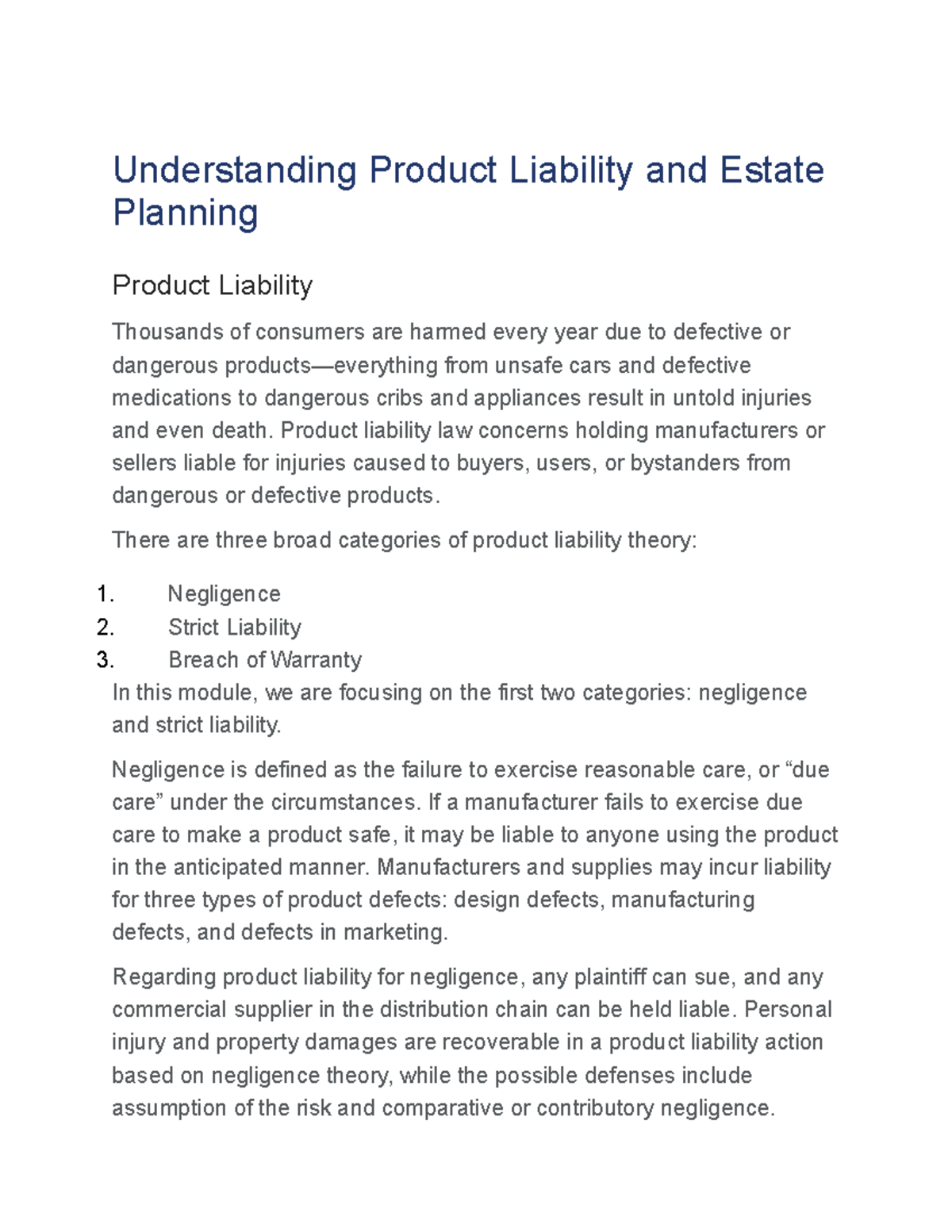 Module Overview Week 2 - Understanding Product Liability and Estate ...