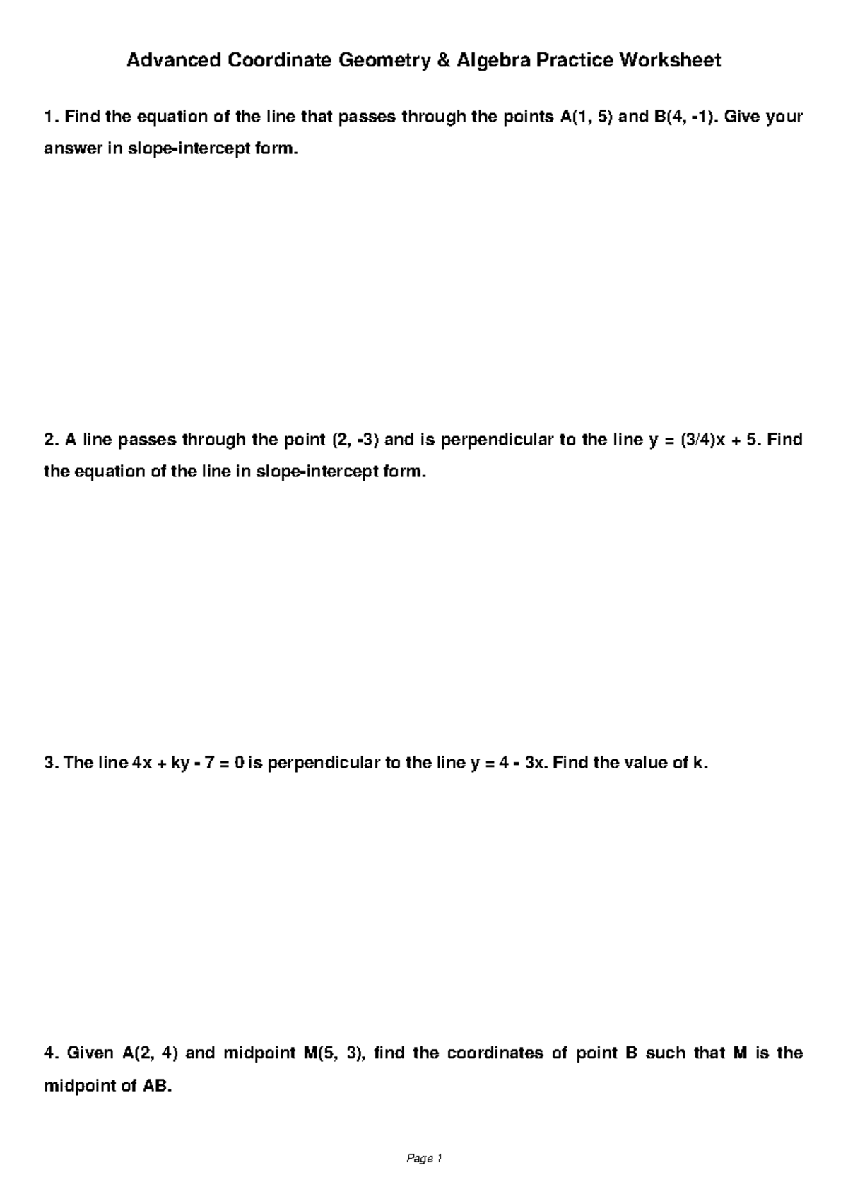 Advanced Coordinate Geometry Algebra Practice Worksheet 1 - Studocu