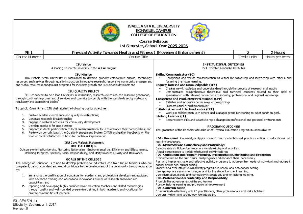 PE 1 Final Syllabus: Physical Activity Towards Health & Fitness I - Studocu