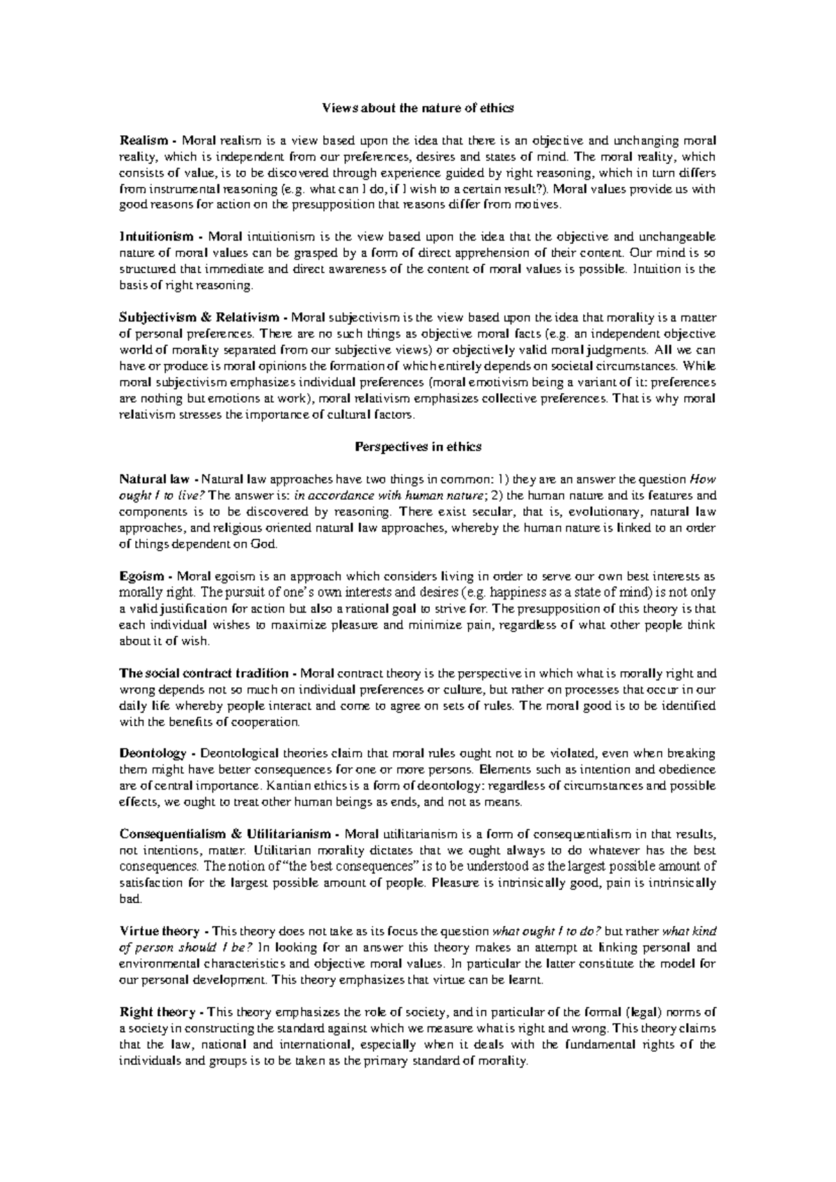 Ethics Perspectives: Realism, Intuitionism, and Subjectivism - Studocu