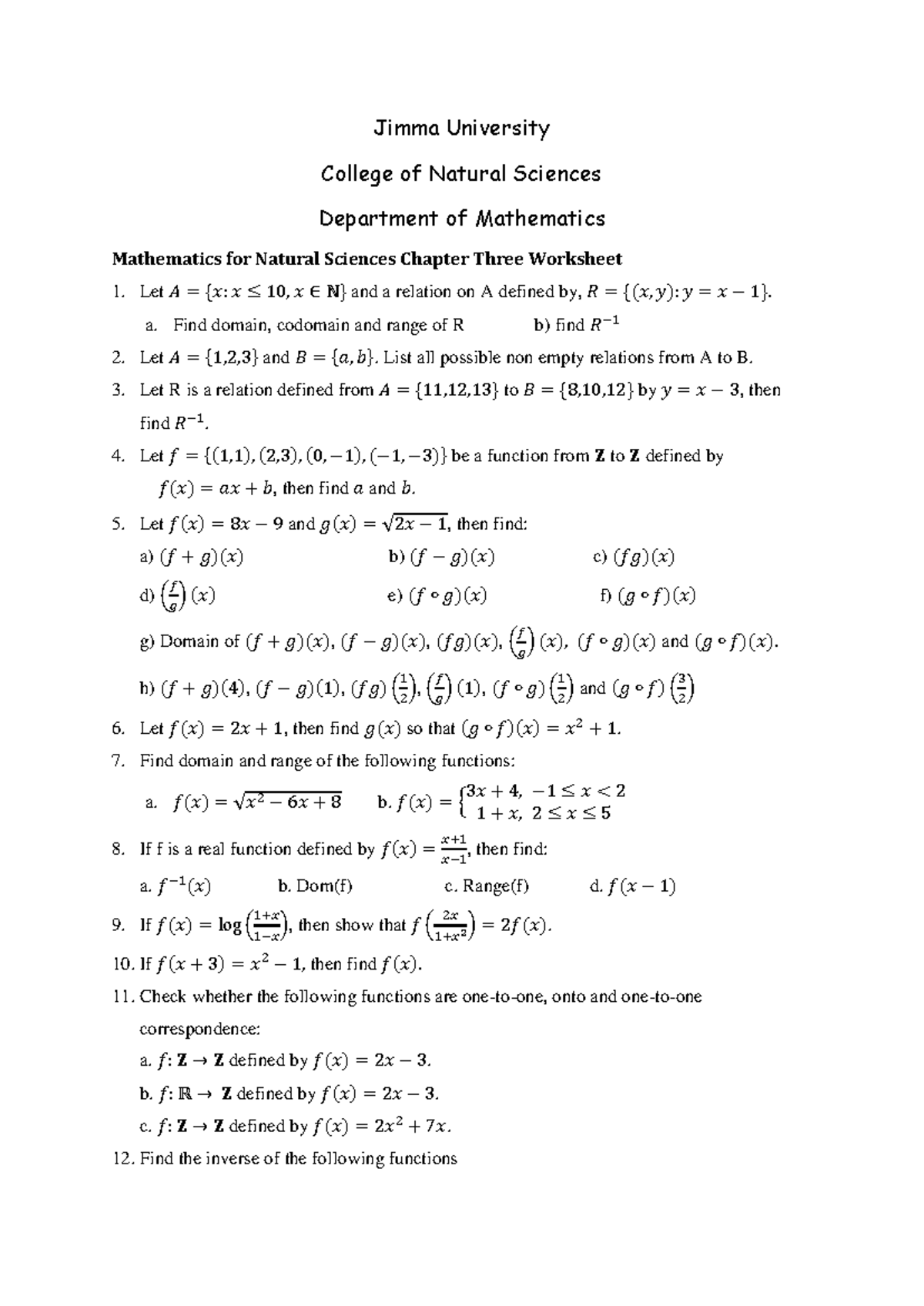 Mathematics for Natural Sciences (MATH 101) Chapter 3 Worksheet - Studocu