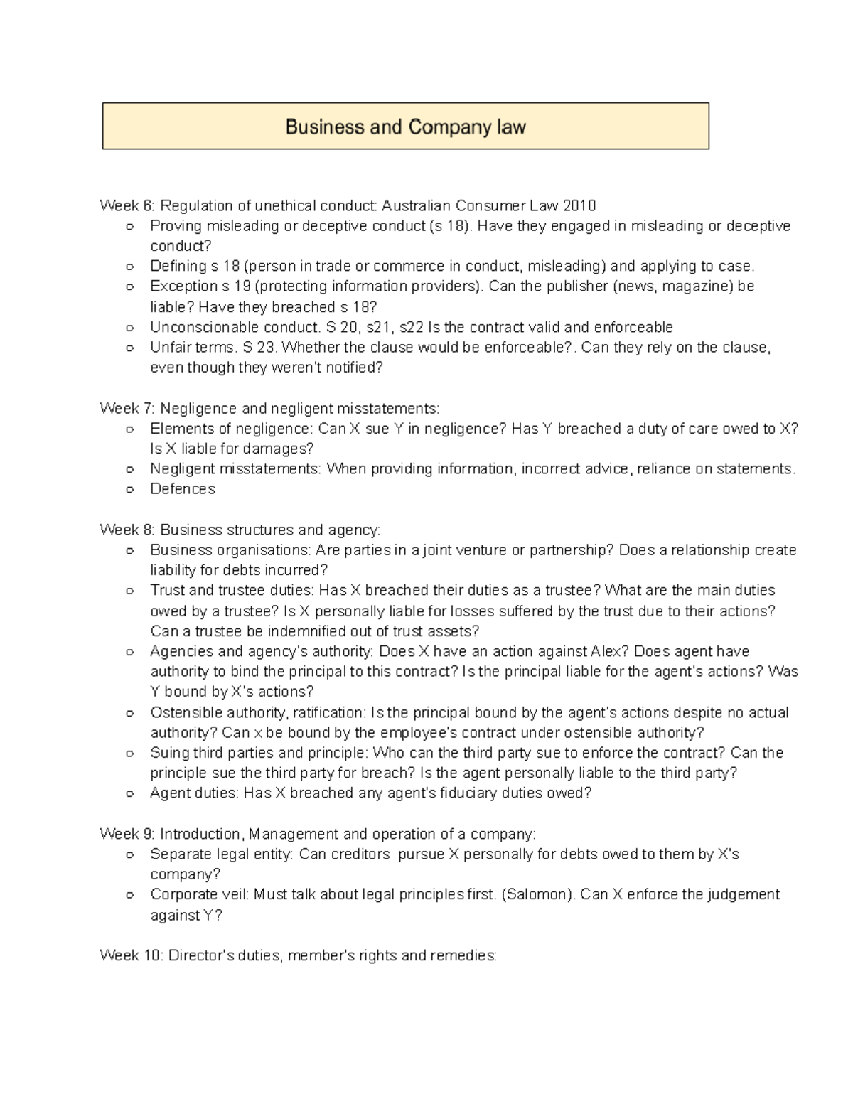Business and Company Law Notes: Weeks 6-11 Overview - Studocu