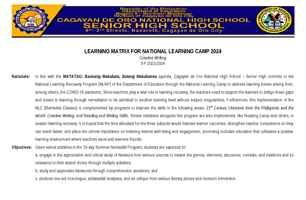 Learning Matrix for National Learning Camp (NLC) 2024: Creative Writing ...