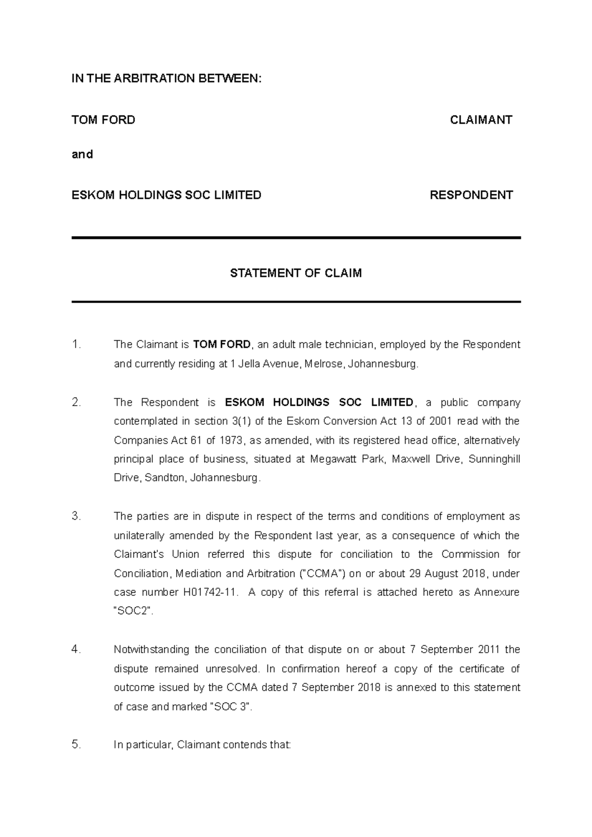 Statement of Claim Template: Tom Ford vs Eskom Holdings SOC Limited ...