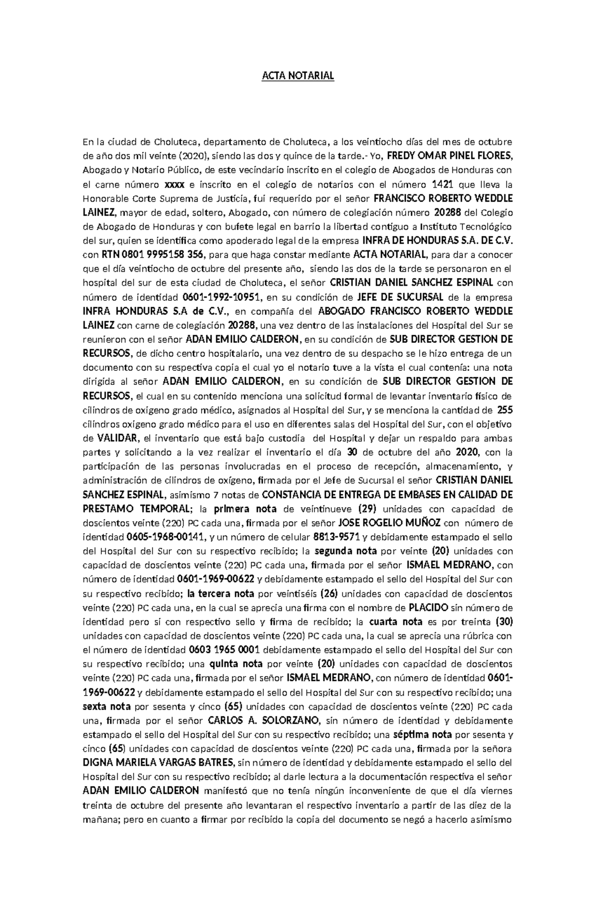 ACTA NOTARIAL de Inventario de Cilindros de Oxígeno - INFRA 2020 - Studocu