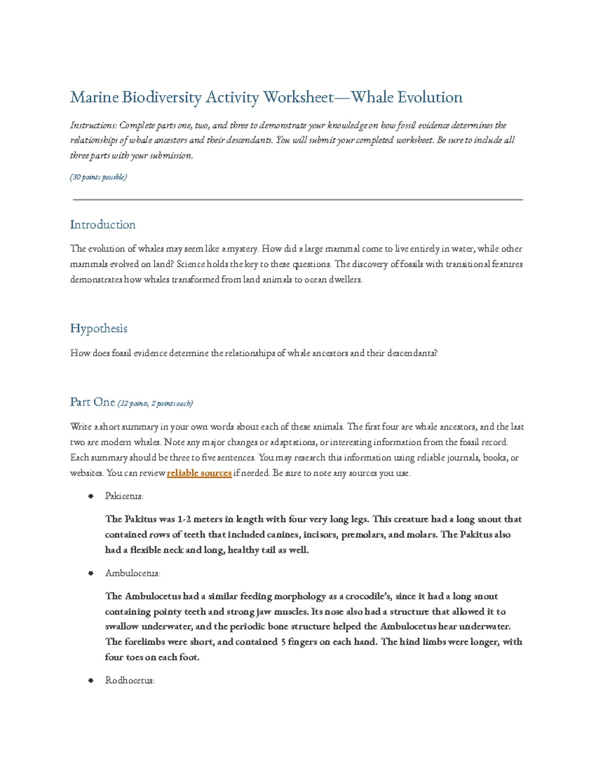 04.01 Marine Biodiversity Activity: Whale Evolution Worksheet - Studocu