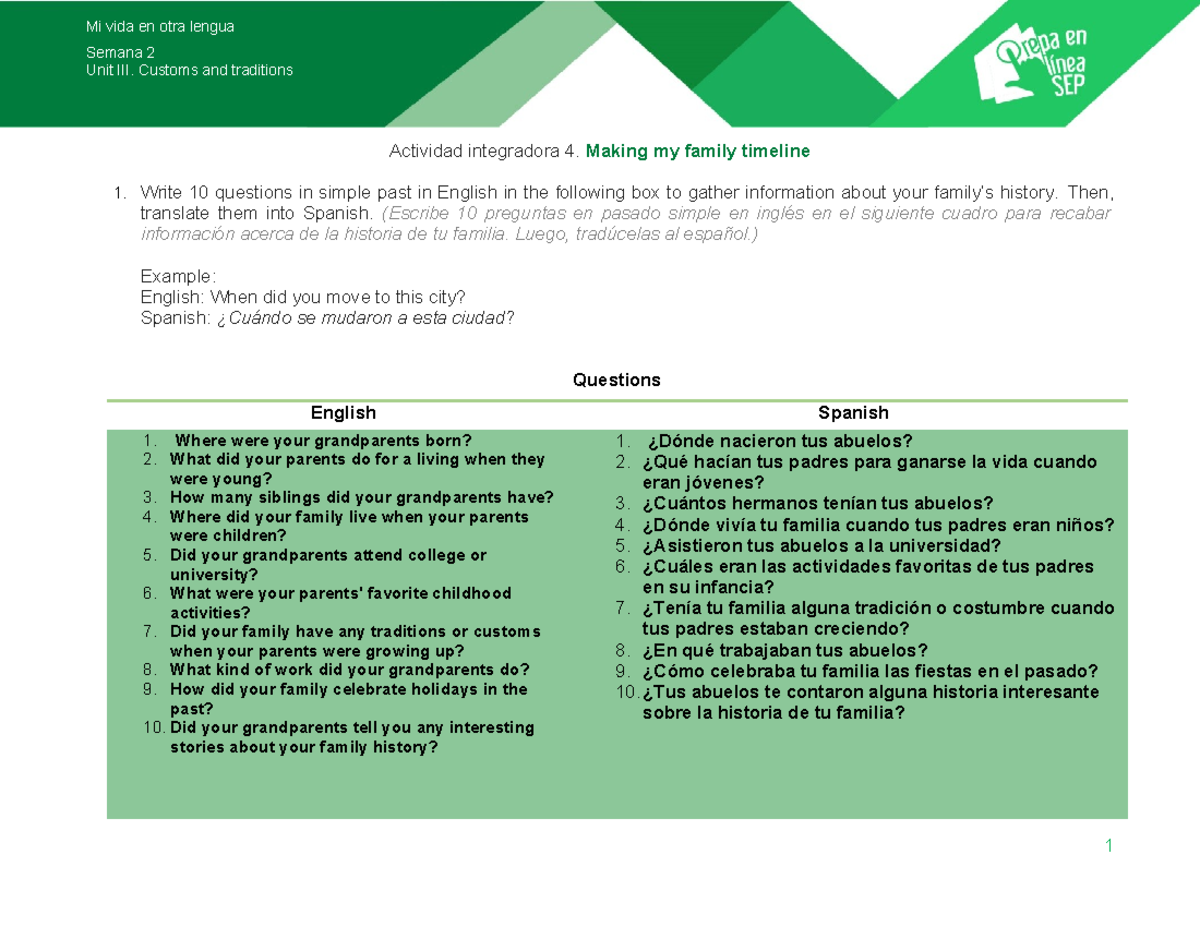 Semana 2 AI 4: Family Timeline Activity and Cultural Insights - Studocu