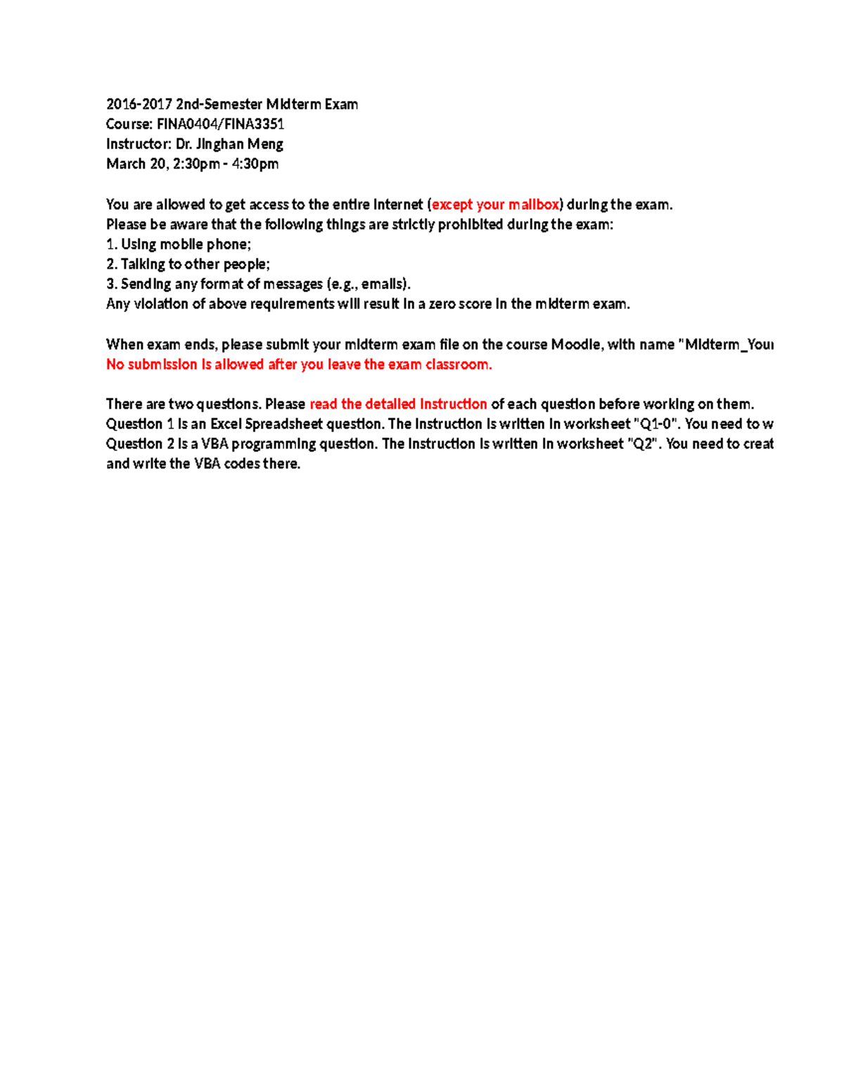 Midterm Exam: Excel & VBA Questions for Course Code [dterm] - Studocu