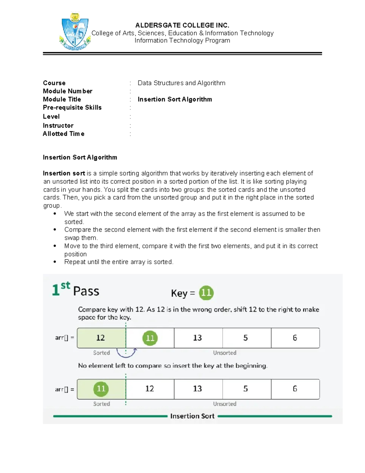Insertion Sort Algorithm: A Comprehensive Guide (IT 101) - Studocu