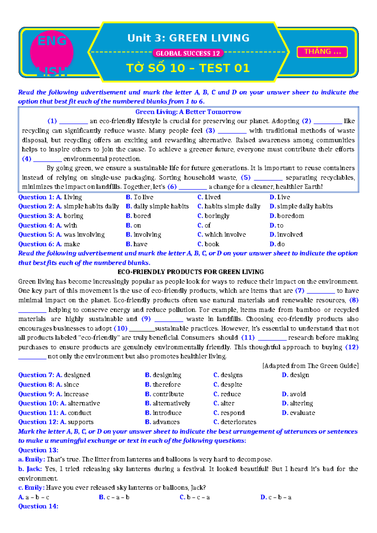 TỜ SỐ 10 TEST 1 UNIT 3: Green Living Assessment - Studocu