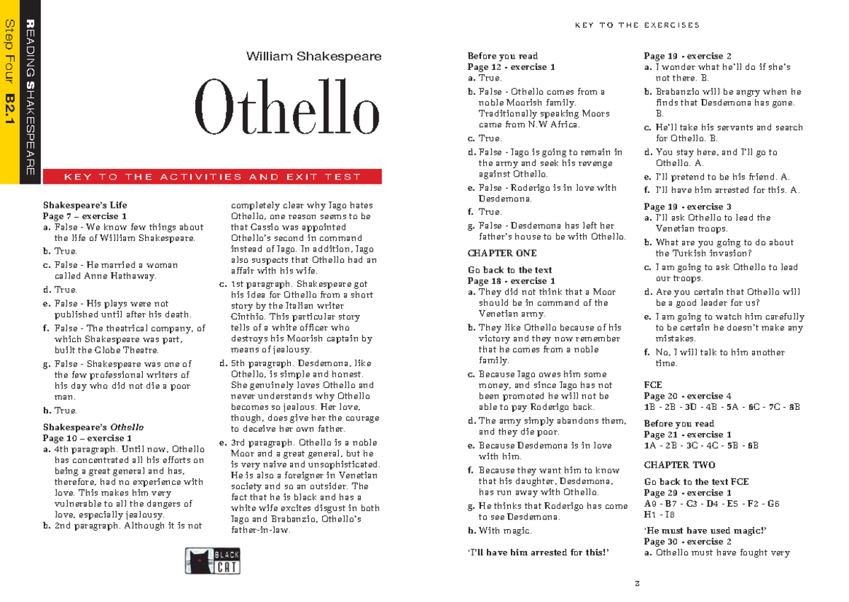 Othello (ENG207) Answer Key: Exercises, Chapters, and Summary - Studocu