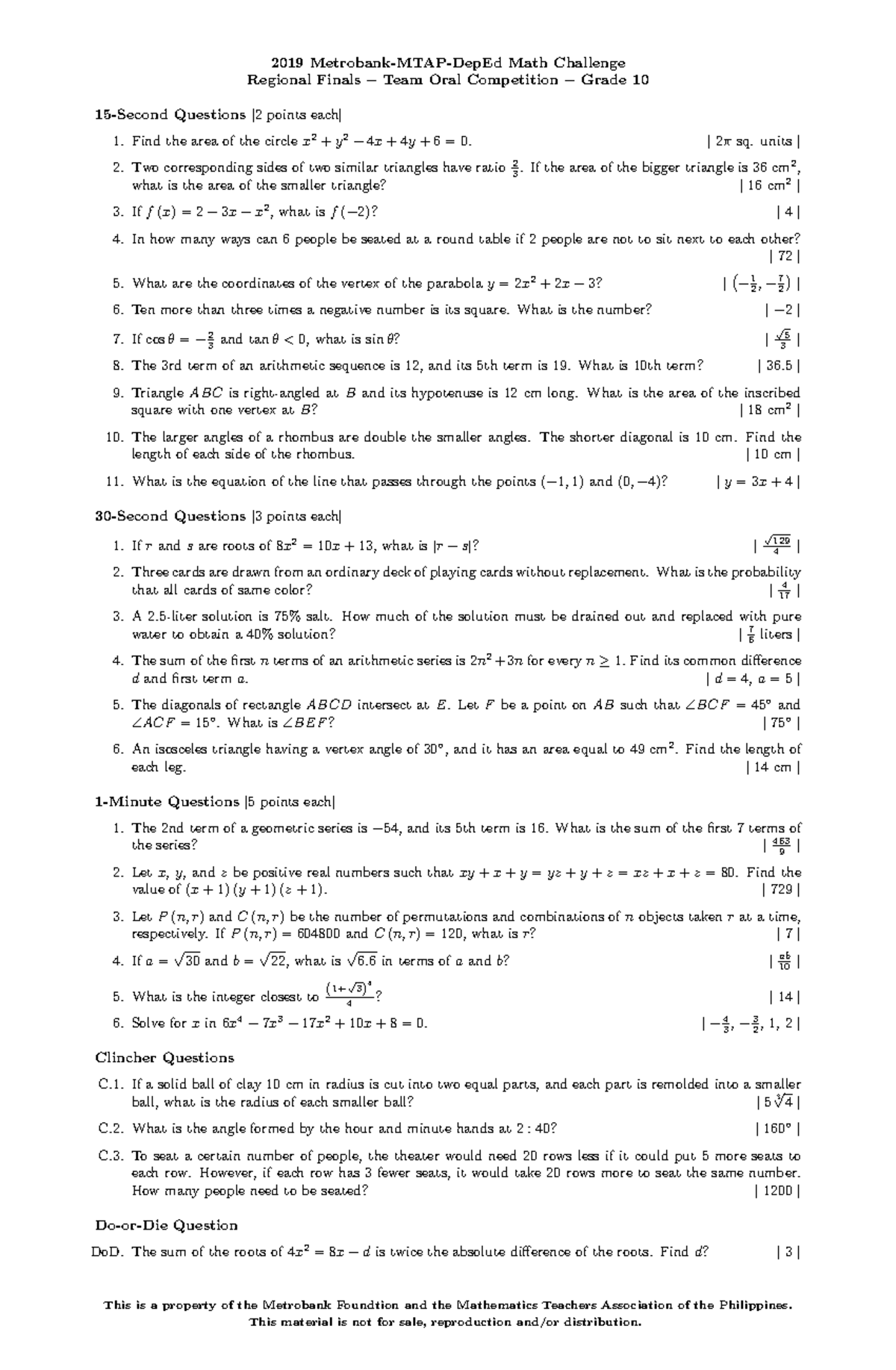 MMC Grade 10 Regional Orals (2019 ) - 2019 Metrobank-MTAP-DepEd Math Challenge Regional Finals − ...