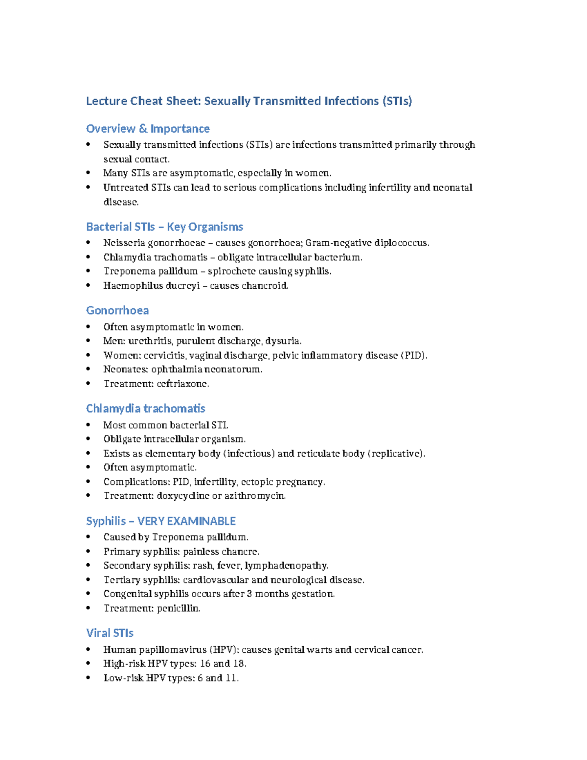 Lecture Cheat Sheet: Overview of STIs and Key Treatments - Studocu