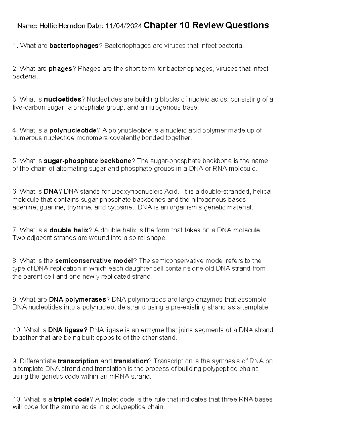 Biology 101: Chapter 10 Review Questions on DNA & RNA Functions - Studocu