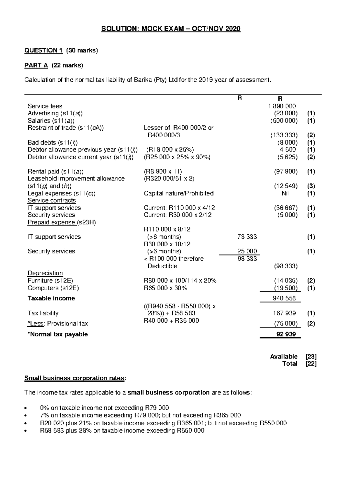 Solution - Mock Exam for Oct/Nov 2020 - Tax Calculations and Analysis - Studocu
