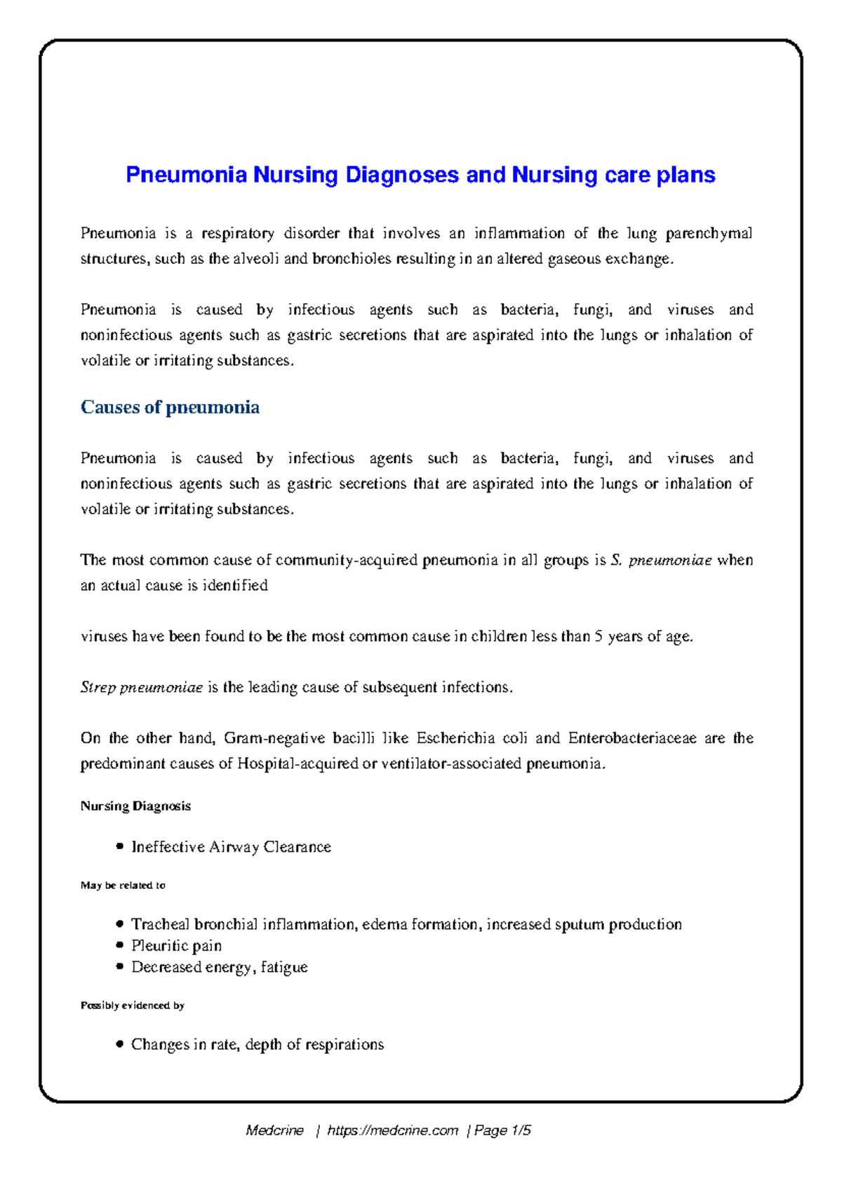 Pneumonia Nursing Diagnoses & Care Plans: Key Interventions and ...