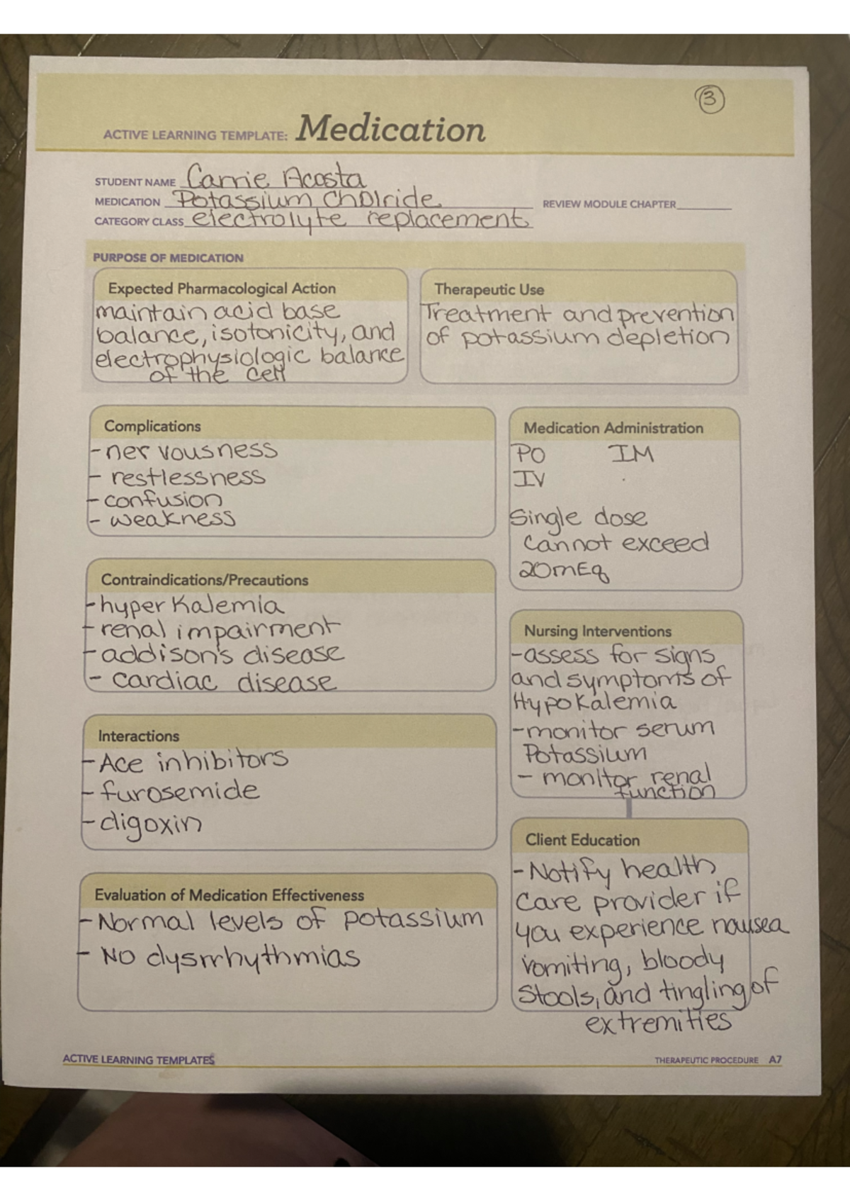 Medication Potassium - Active Learning Template Summary for ATI - Studocu