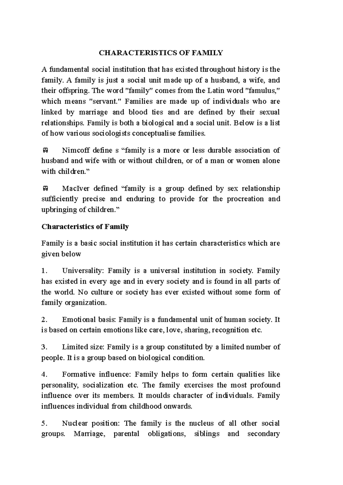 Characteristics of Family: Key Concepts and Classifications - Studocu