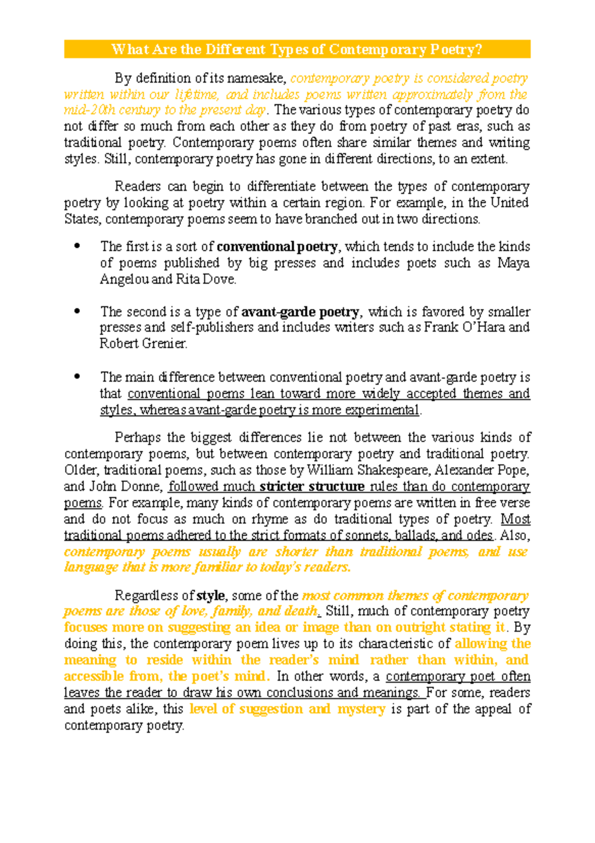 Contemporary Poetry Types: Overview and Analysis of Styles - Studocu