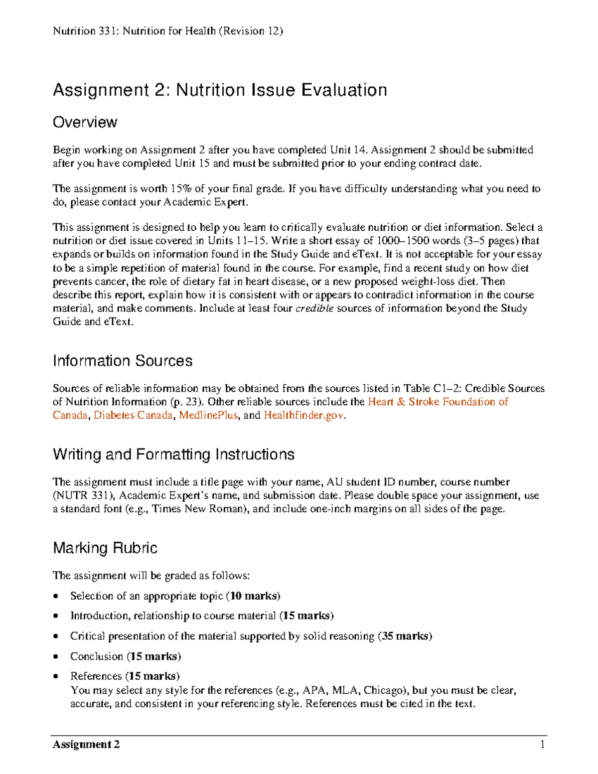 NUTR 331: Assignment 2 - Nutrition Issue Evaluation Guide - Studocu