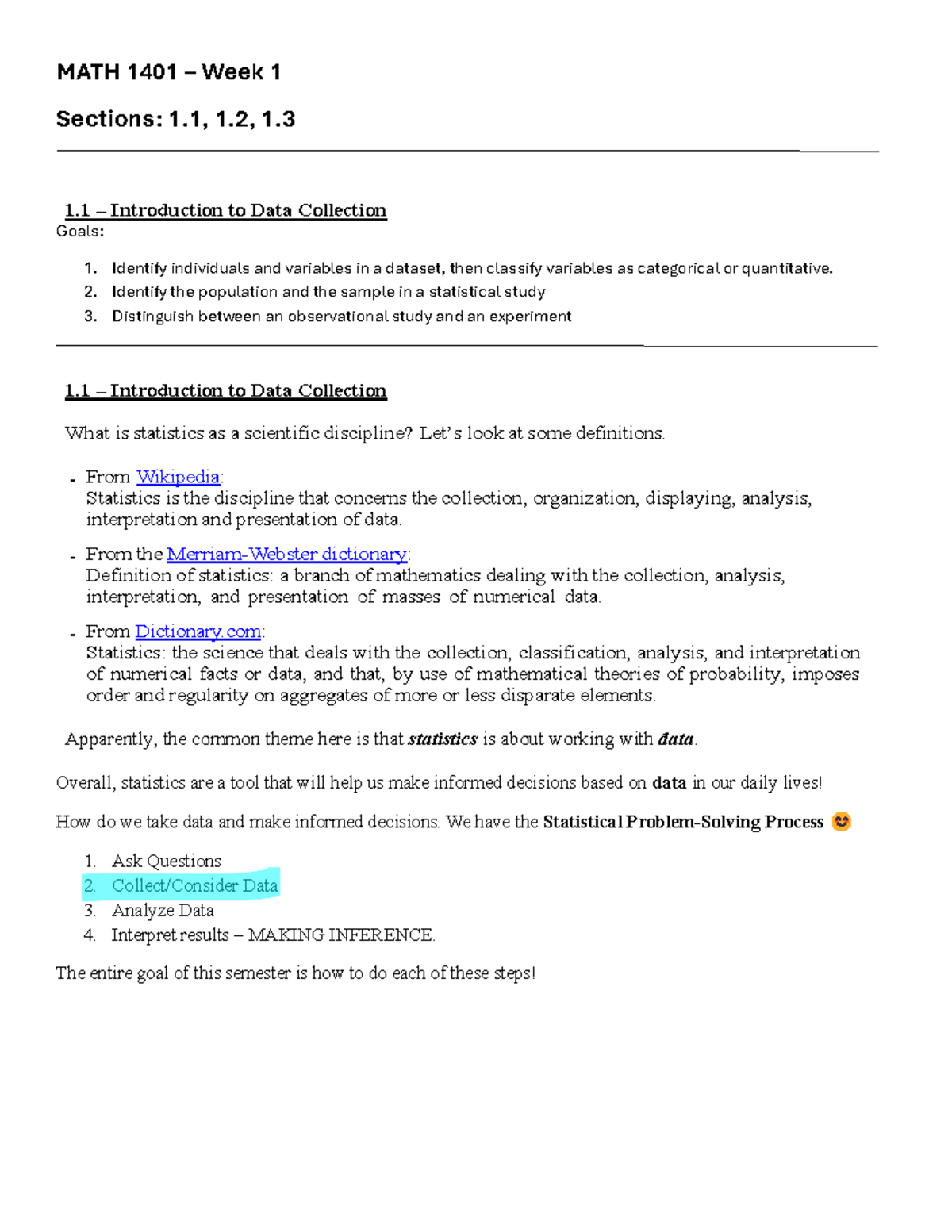 MATH 1401 Week 1: Intro to Data Collection & Sampling Methods - Studocu