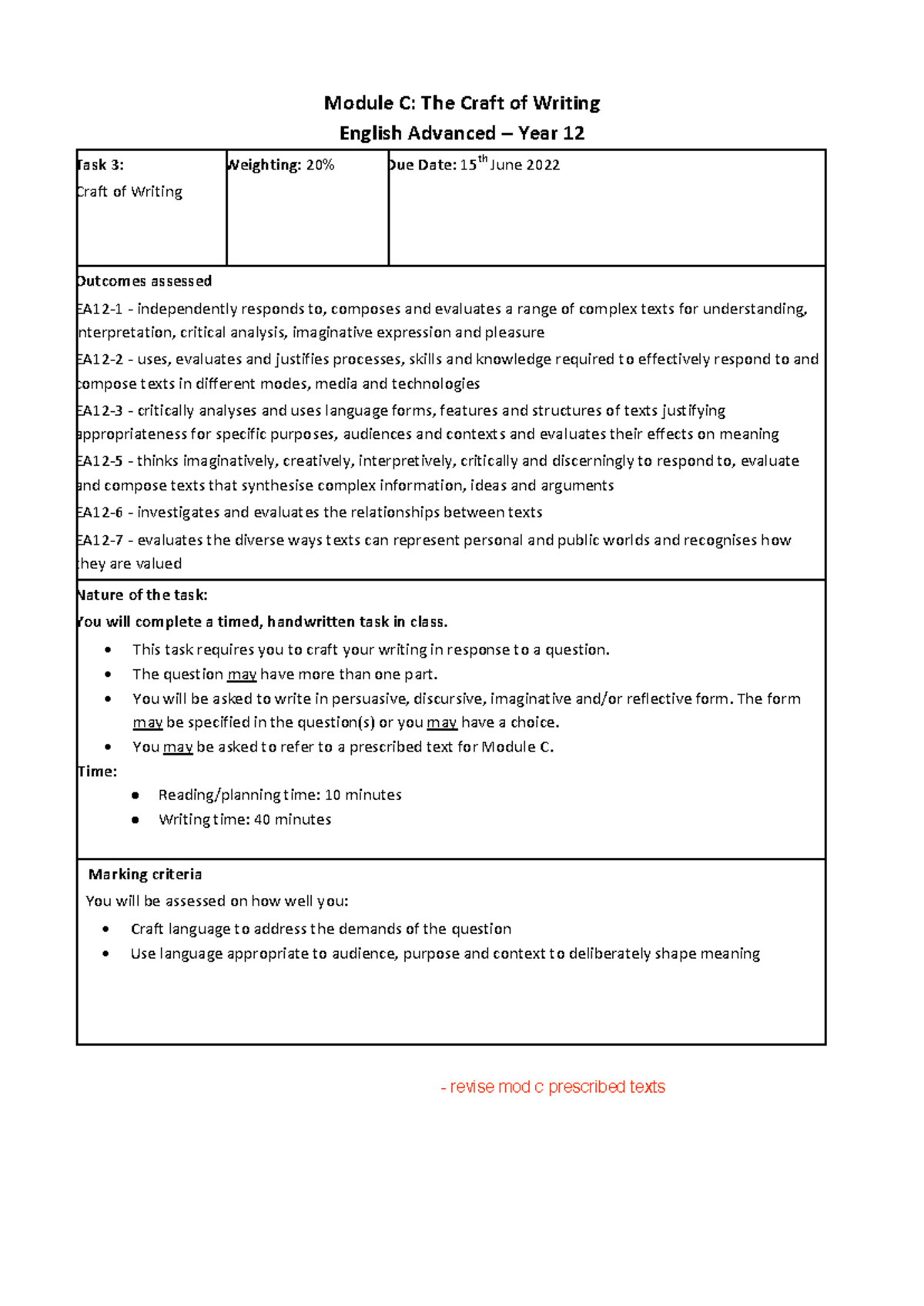 EA12 Module C: Craft of Writing Task 3 Preparation Guide - Studocu