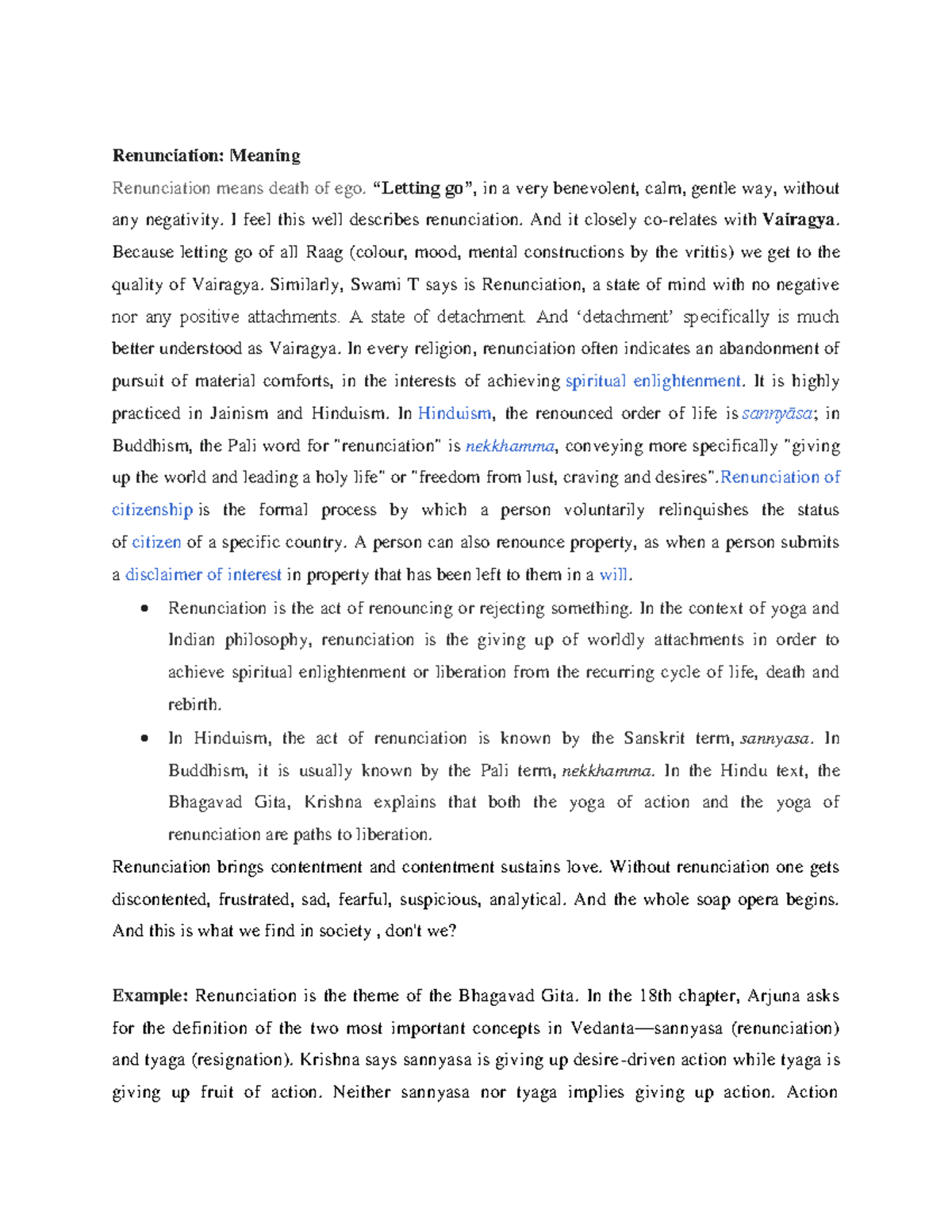 Renunciation - Concepts & Significance in UHV Studies - Studocu