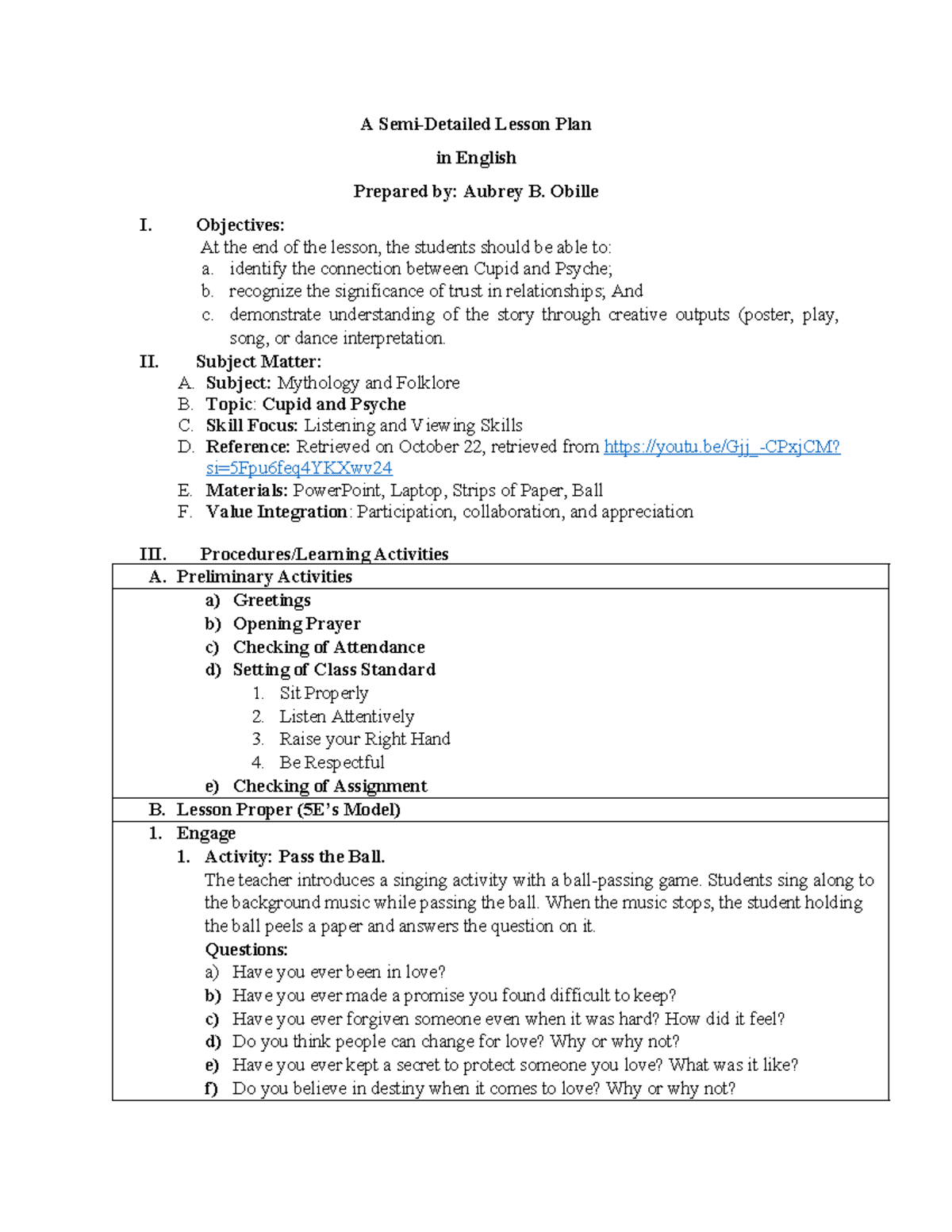 Lesson Plan: Exploring Cupid and Psyche in Literature (5 E's) - Studocu