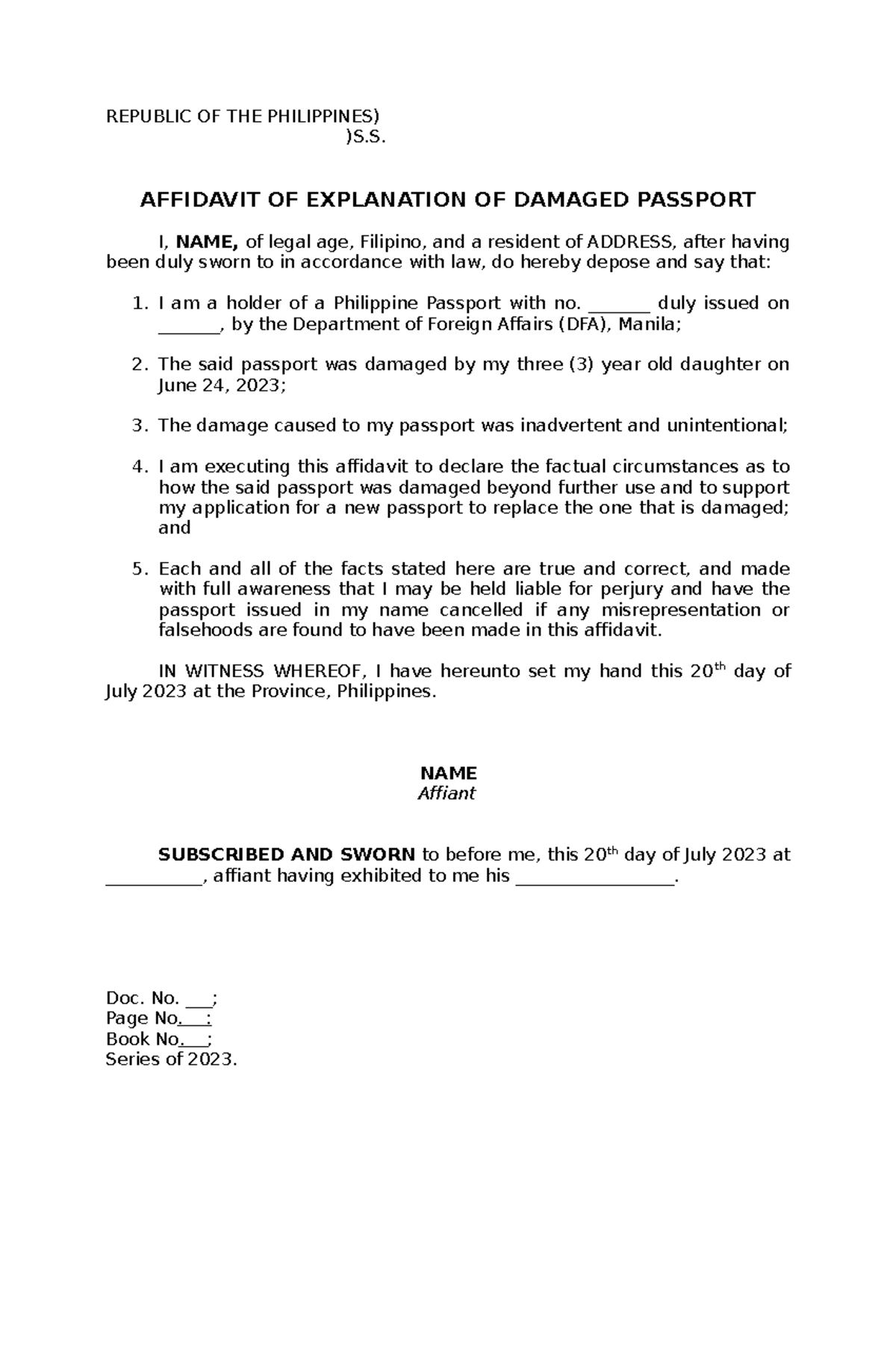 Affidavit for Explanation of Damaged Passport - Philippines 2023 - Studocu