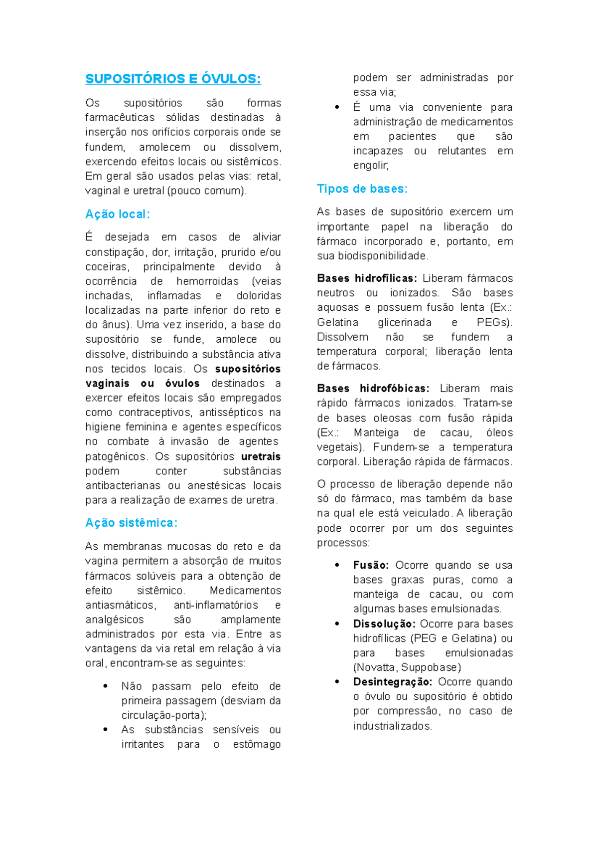 Resumo - Estudo Dirigido VA1 - SUPOSITÓRIOS E ÓVULOS: Os supositórios são formas farmacêuticas ...