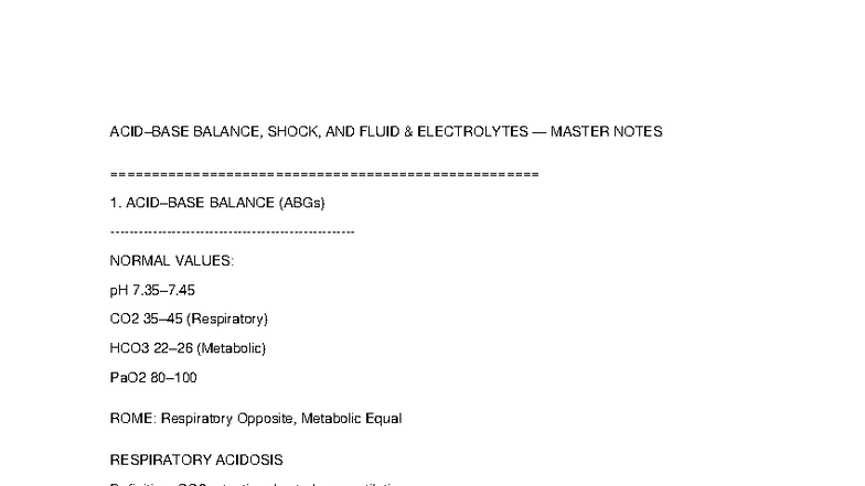 Acid-Base Balance & Shock Fluid Electrolytes Master Notes - Studocu