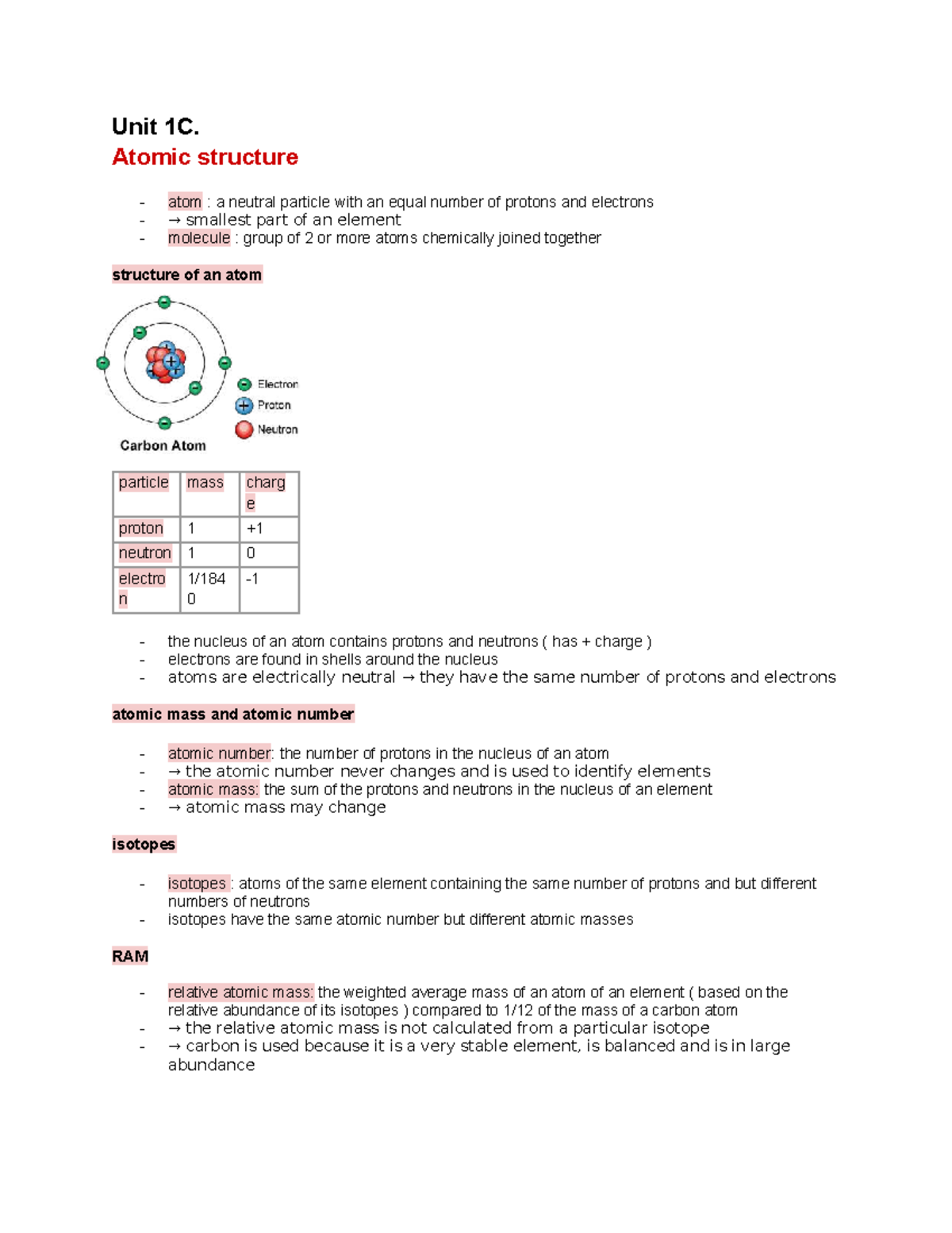 Unit 1C: Atomic Structure and Isotopes Overview - Studocu
