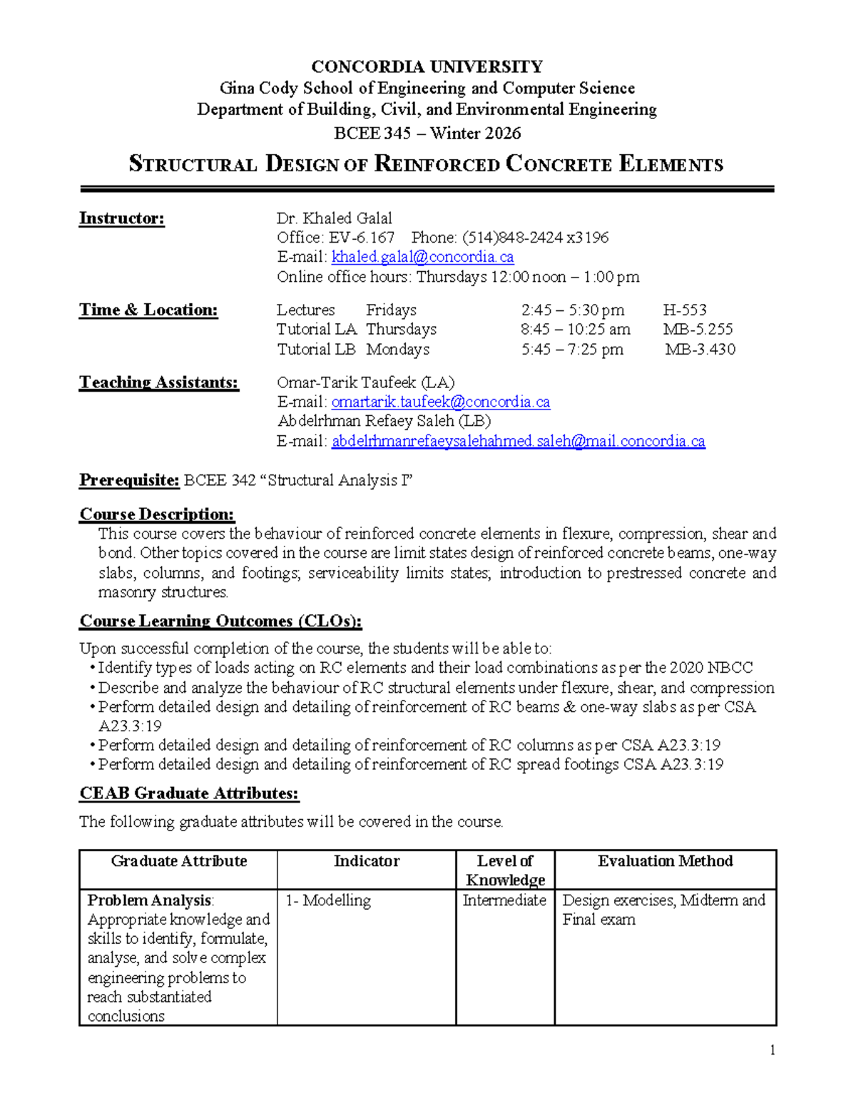 BCEE 345 Winter 2026 Course Outline: Structural Design of RC Elements ...