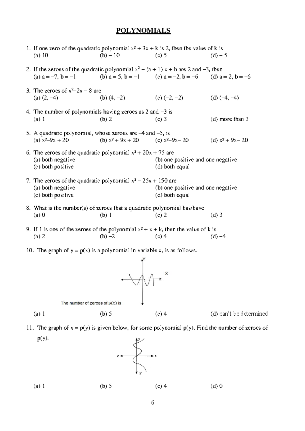 Class X Math Polynomial Worksheet 2025-26: Quadratic Polynomials and ...